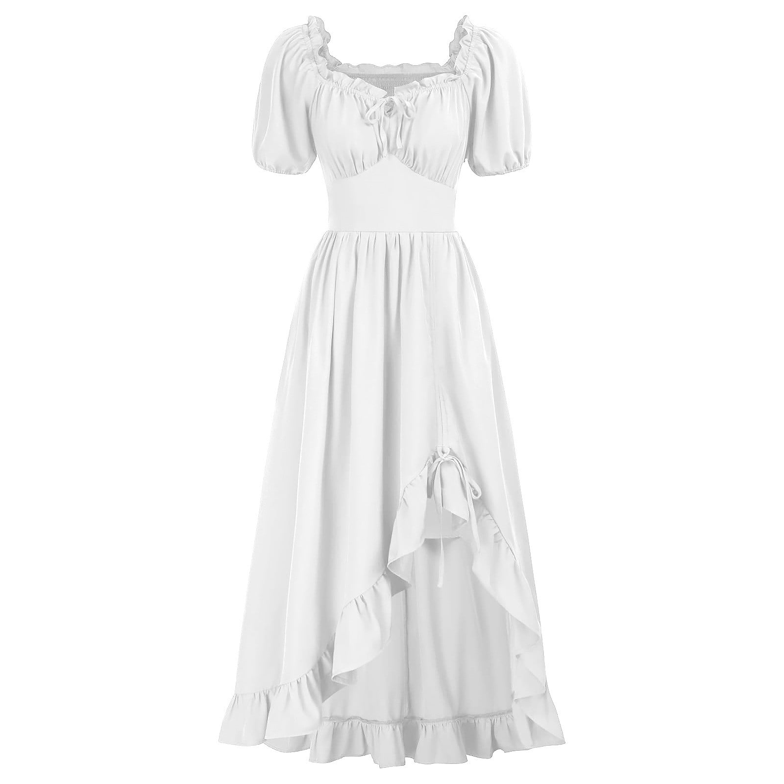 Renaissance Dress Women Cottagecore Corset Dress Drawstring Ruffle Maxi ...