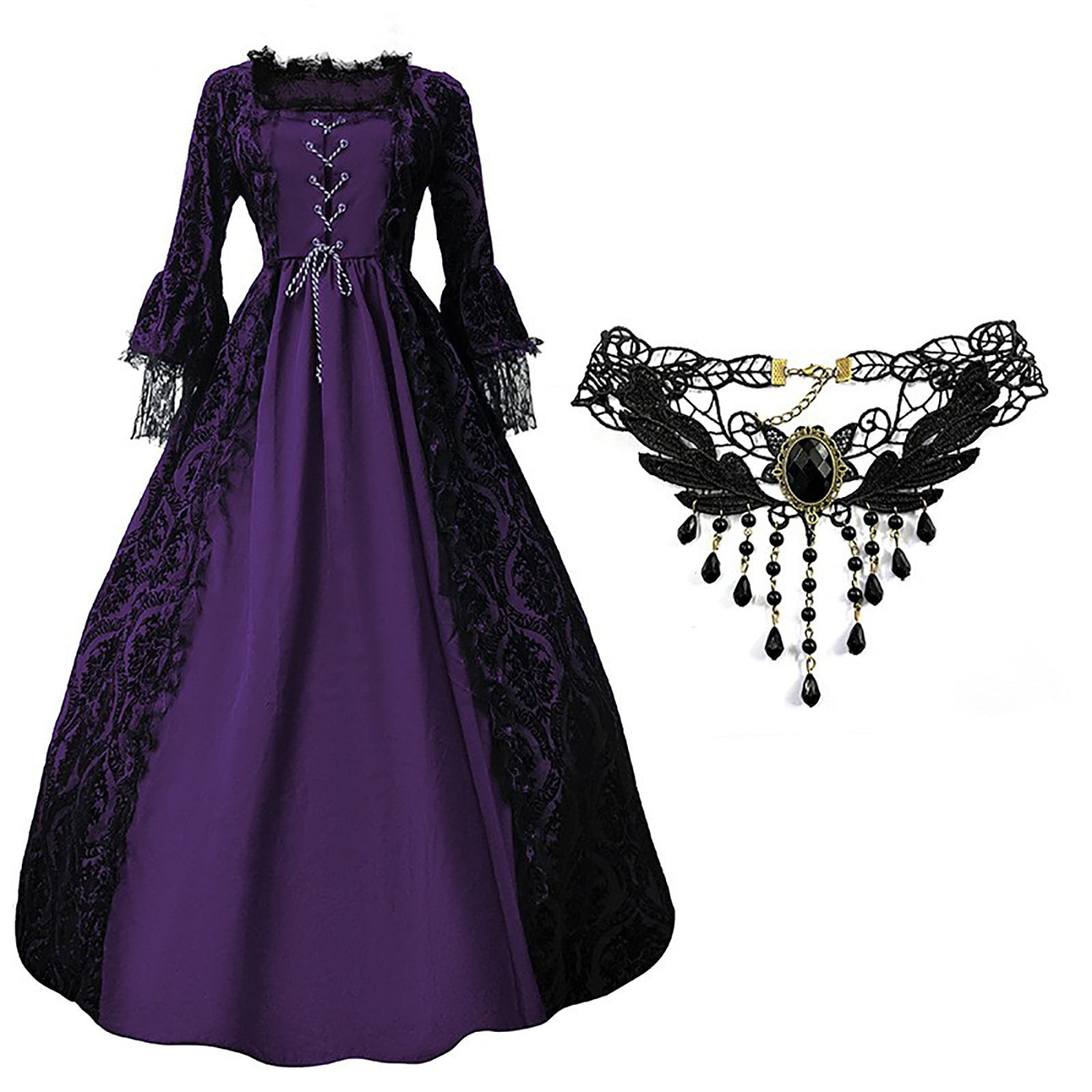Renaissance Dress Women Medieval Queen Costume with Necklace Long ...
