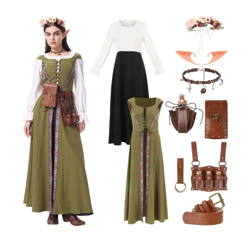 Renaissance Fairy Costume Women Medieval Elf Dress Green Victorian ...