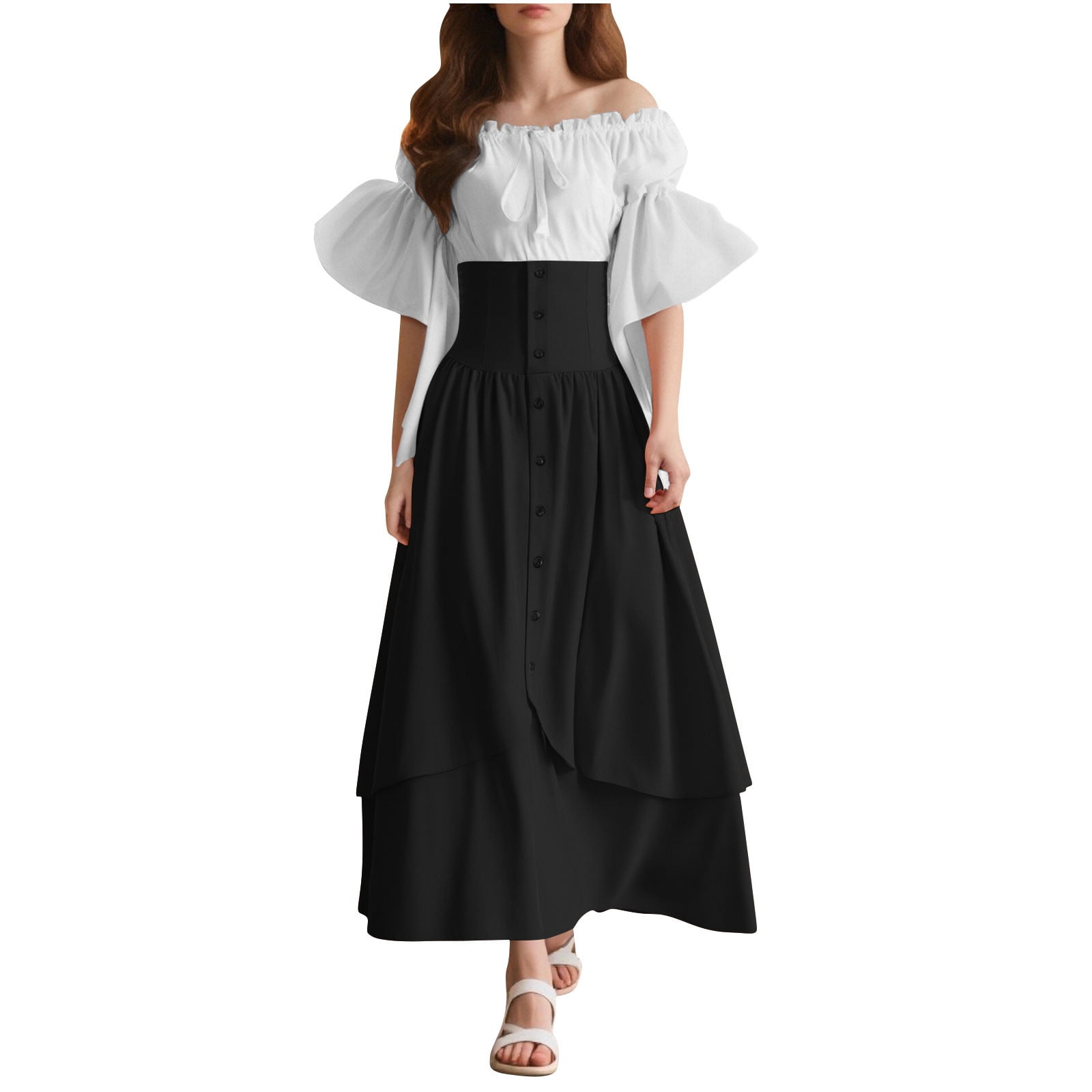 Renaissance Peasant Dress for Women, Off Shoulder Ruffle Sleeve Blouse and Corset Skirt ...
