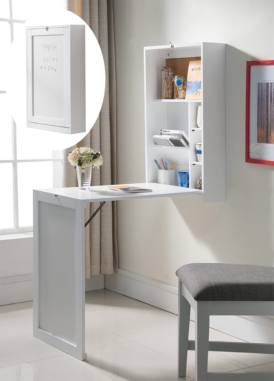 Renata Wall-Mounted Fold-Out Convertible Workstation Desk, White Wood ...