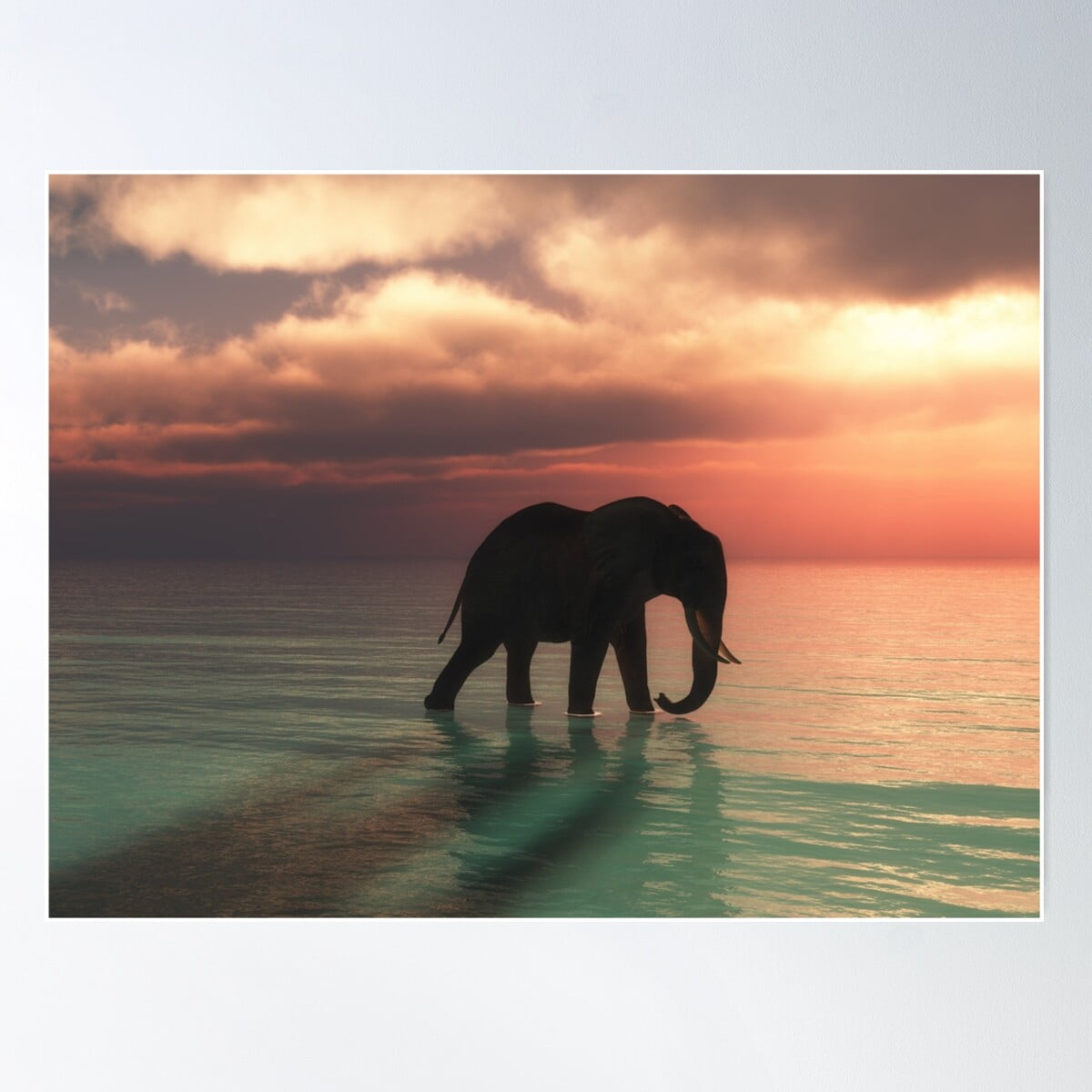 Render Elephant Walking Oceans Gains Sunset Sky Poster Wall Art, Modern ...