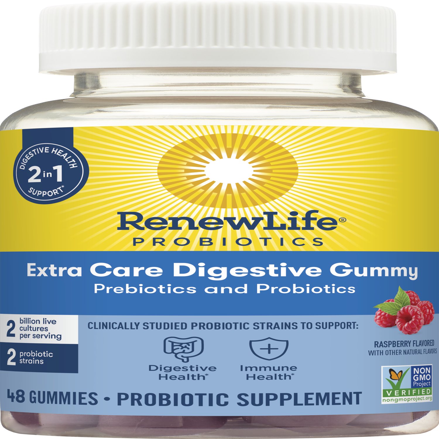 Renew Life Non GMO Gummy Probiotic for Digestive Health, Raspberry, 48 ...
