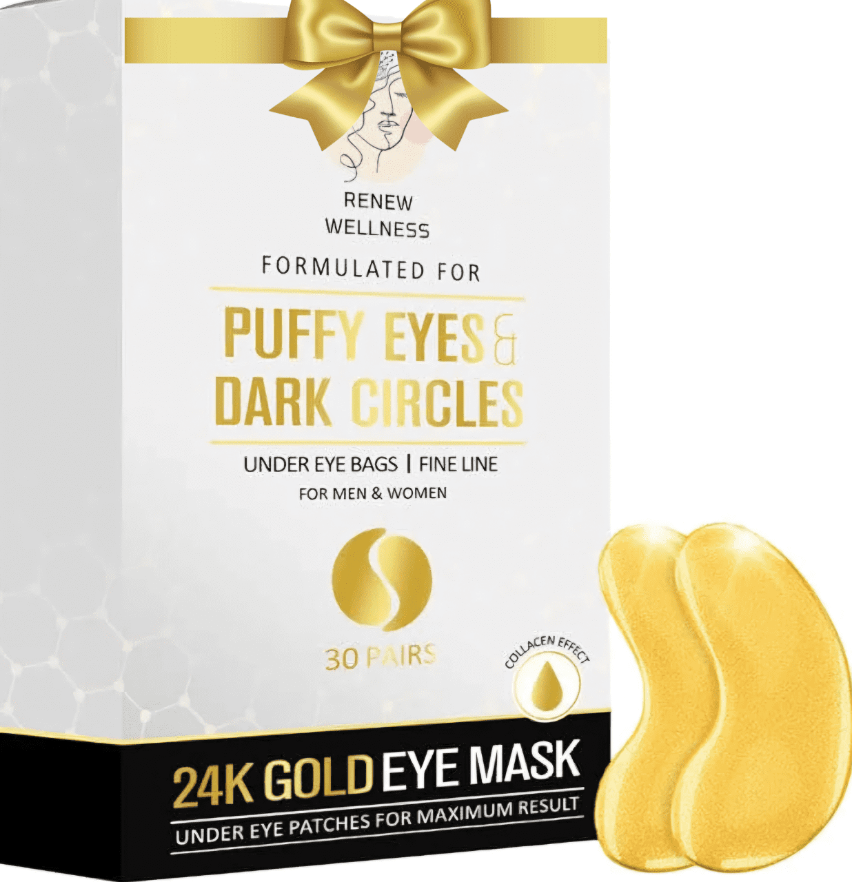 Renew Wellness 24K Gold Under Eye Mask for Puffy Eyes (30 Pairs), Dark ...