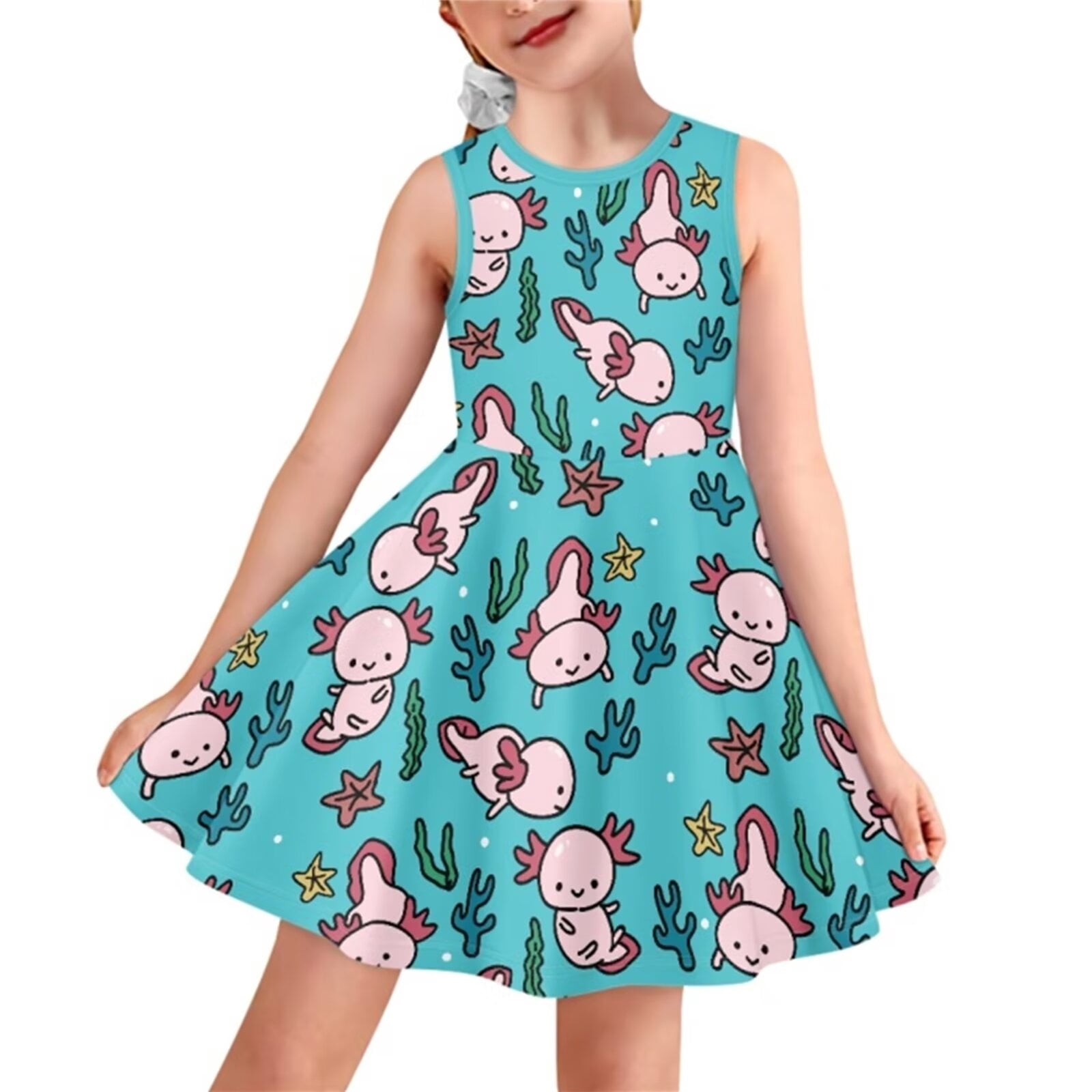 Renewold 7-8 Years Kids Blue Sleeveless Party Dress Lovely Axolotl A ...