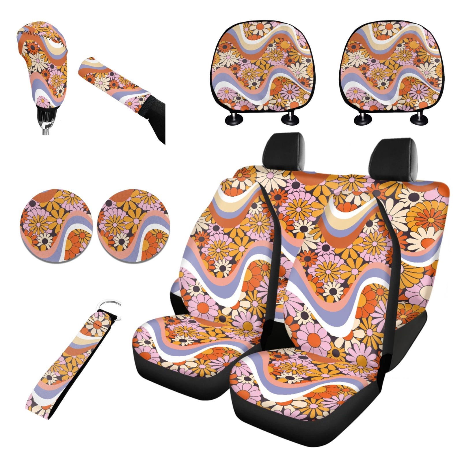 Renewold 80s 90s Groovy Hippie Flower Car Seat Covers Full Set Cup ...