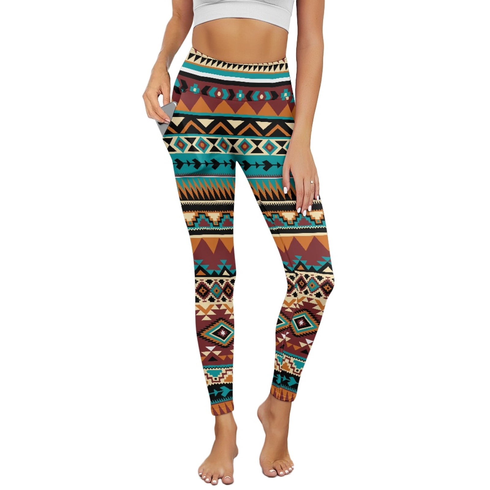 Renewold American Tribal Brown Teal Pocket Yoga Pants for Women Active ...