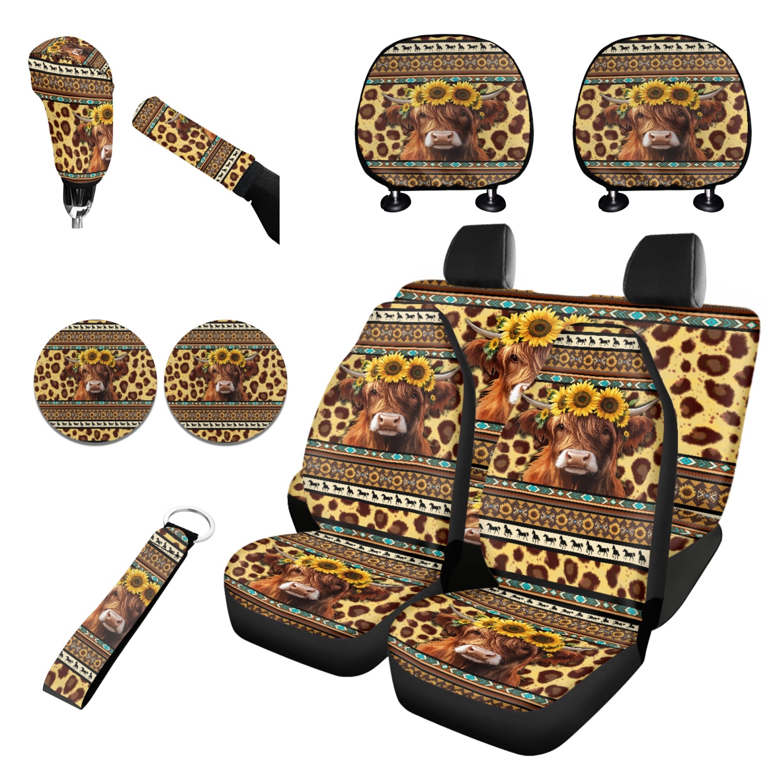 Renewold American Tribal Highland Cow 11 PCS Car Seat Covers Full Set ...