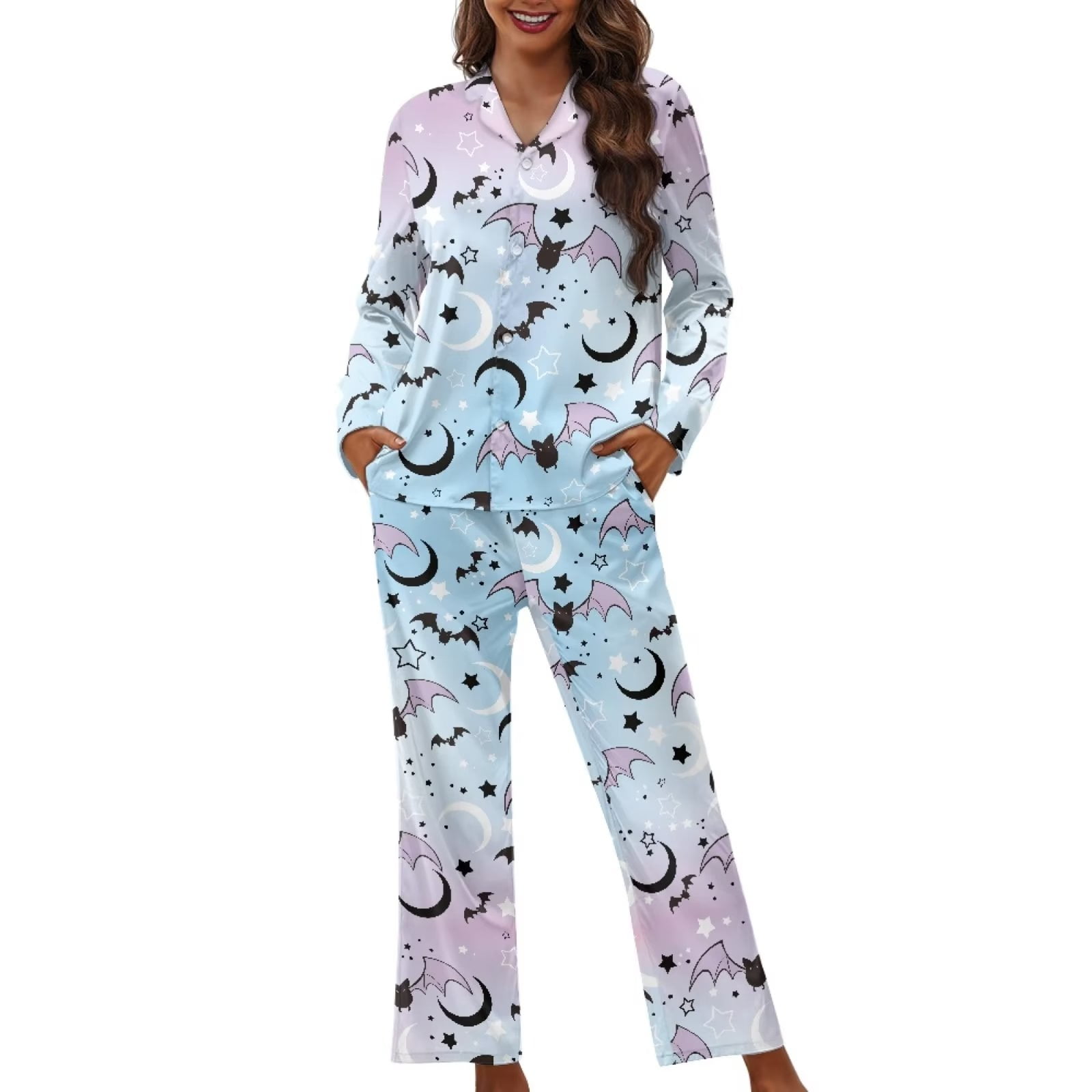 Renewold Bats Stars Moon Pajamas for Women Button Top Size M 2 Pieces ...