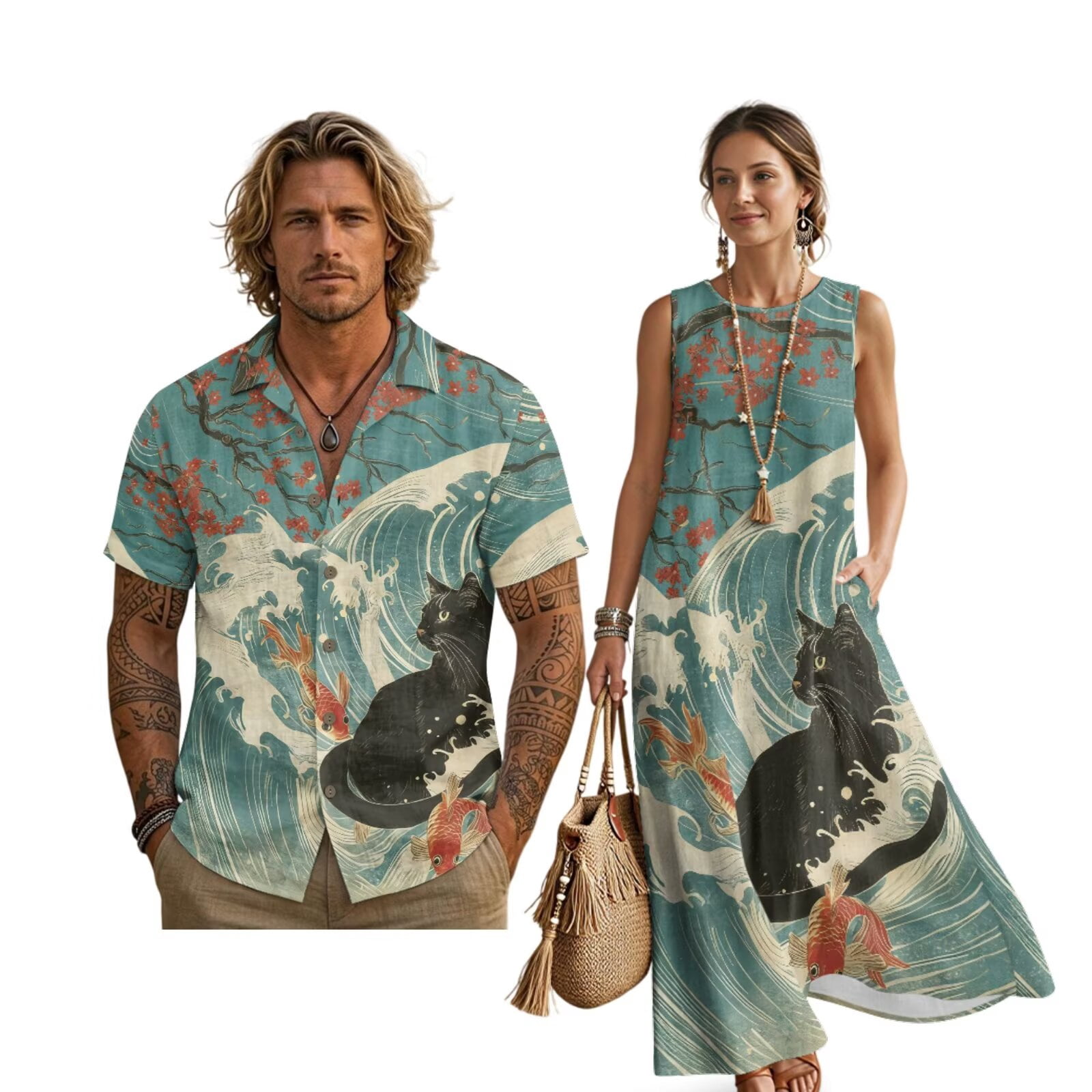 Renewold Black Cat Wave Plum Tree Print Japan Aesthetic Matching ...