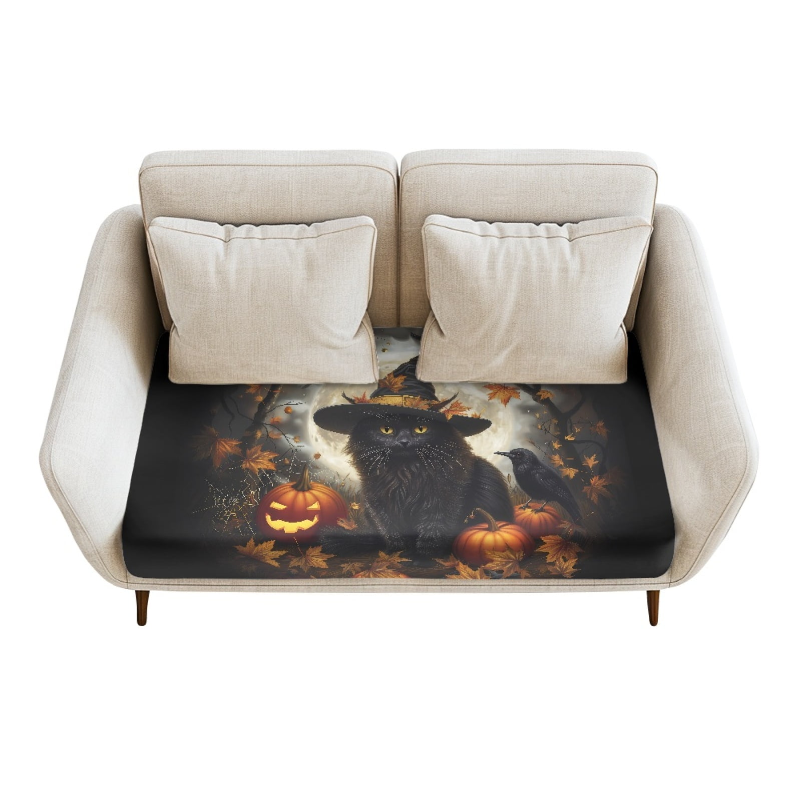 Renewold Black Cat Witch Pumpkin Crow Stretch Couch Cushion Cover Anti ...