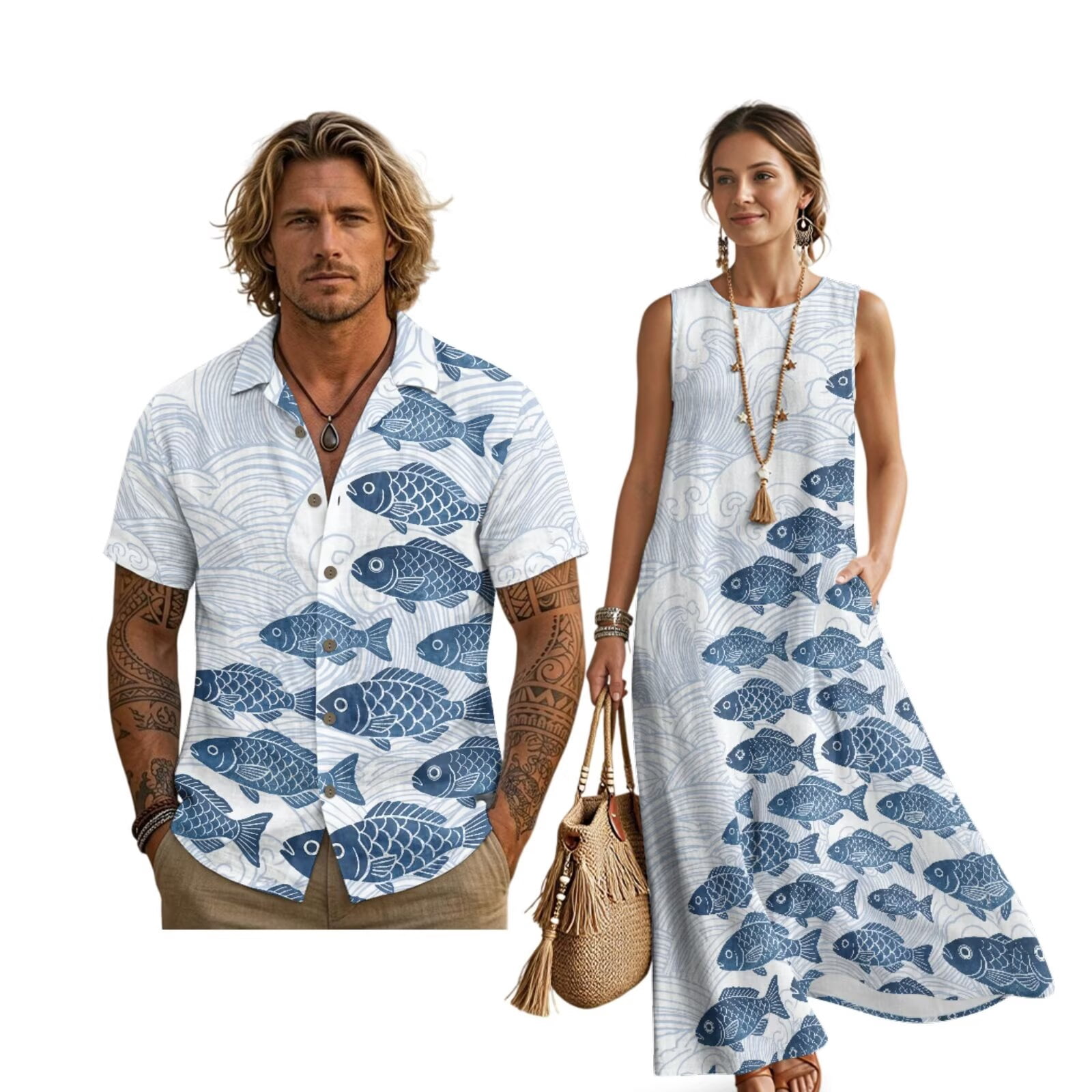 Renewold Blue Fish Wave Print Summer Dresses for Women 2026 Matching ...