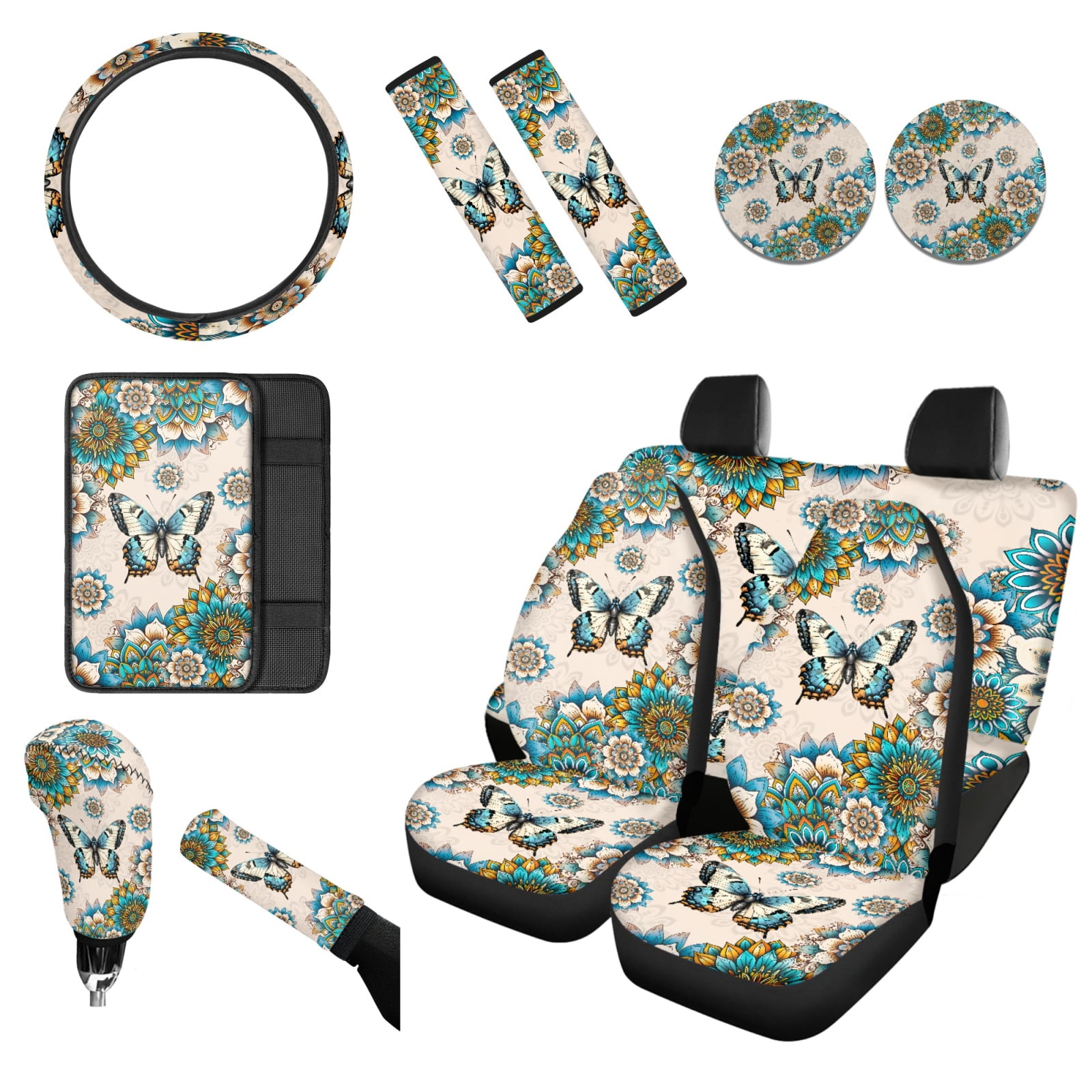 Renewold Bohemian Flower Butterfly Blue 12 Pieces Car Seat Cover ...