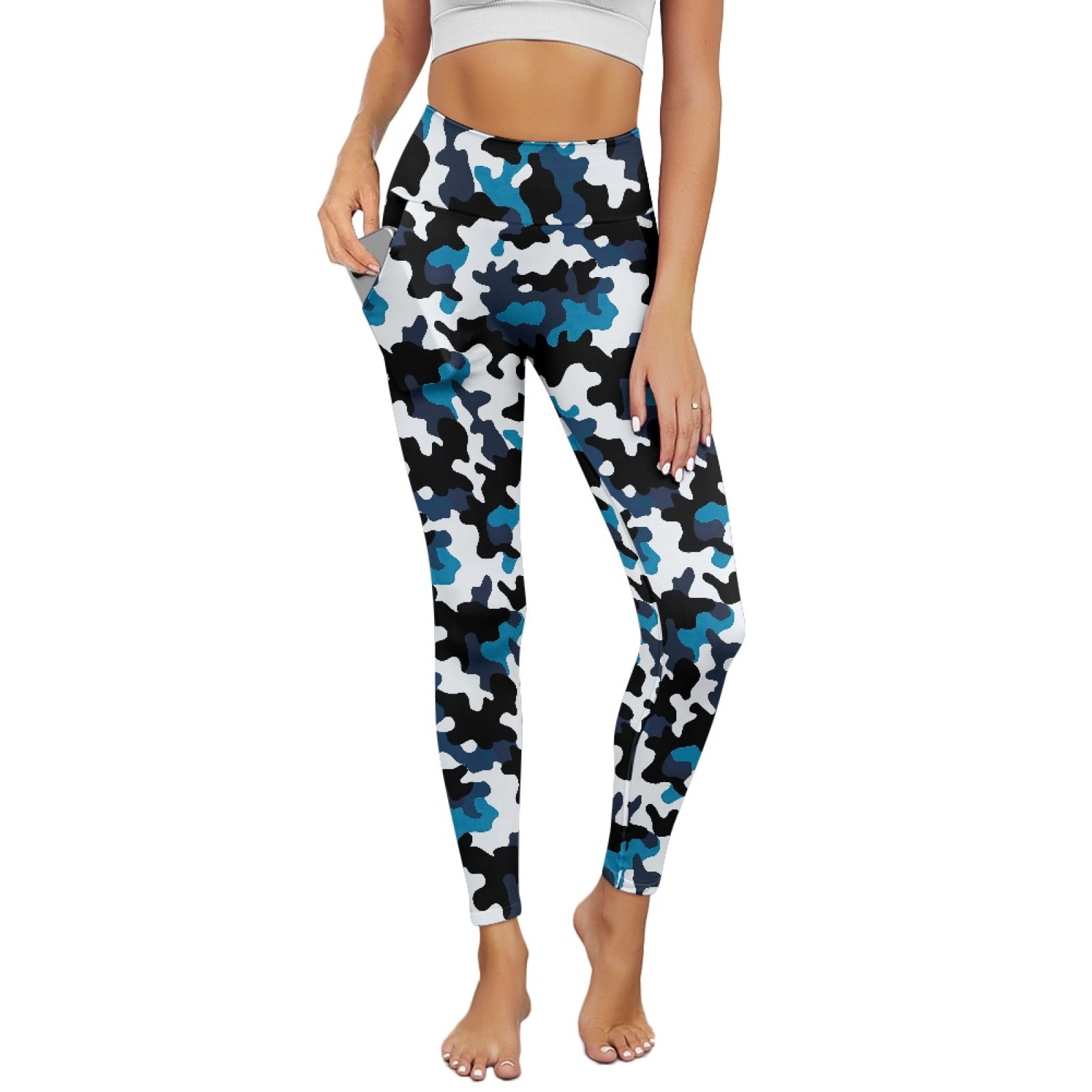 Renewold Camo Blue Black Yoga Leggings for Women with Pockets Trendy ...