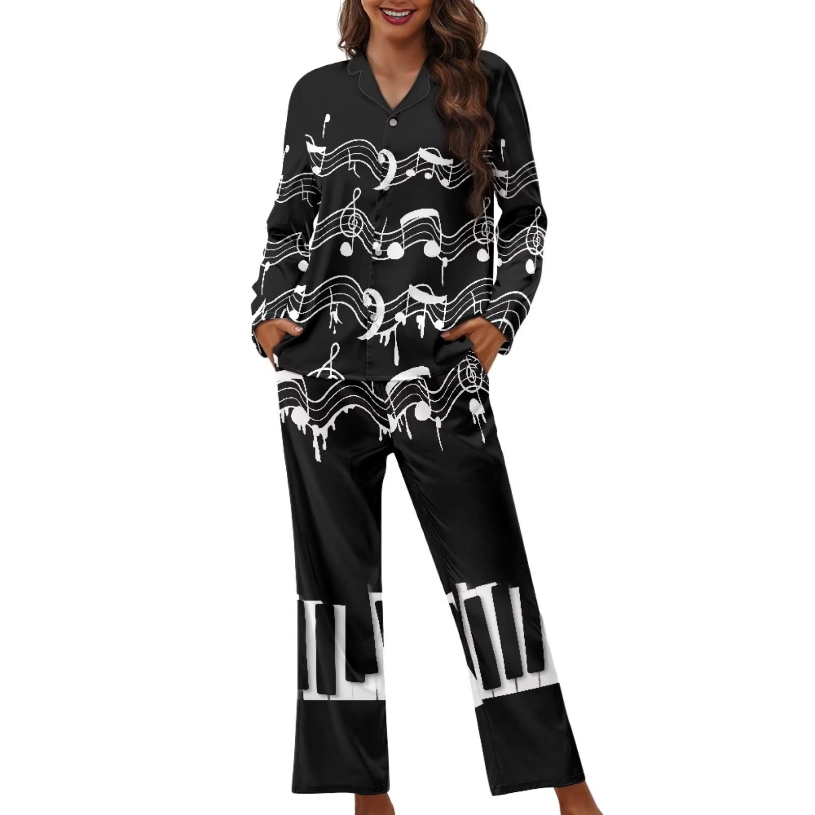 Renewold Casual Piano Notes Button Pajamas Set Women Loose Fitting Home ...