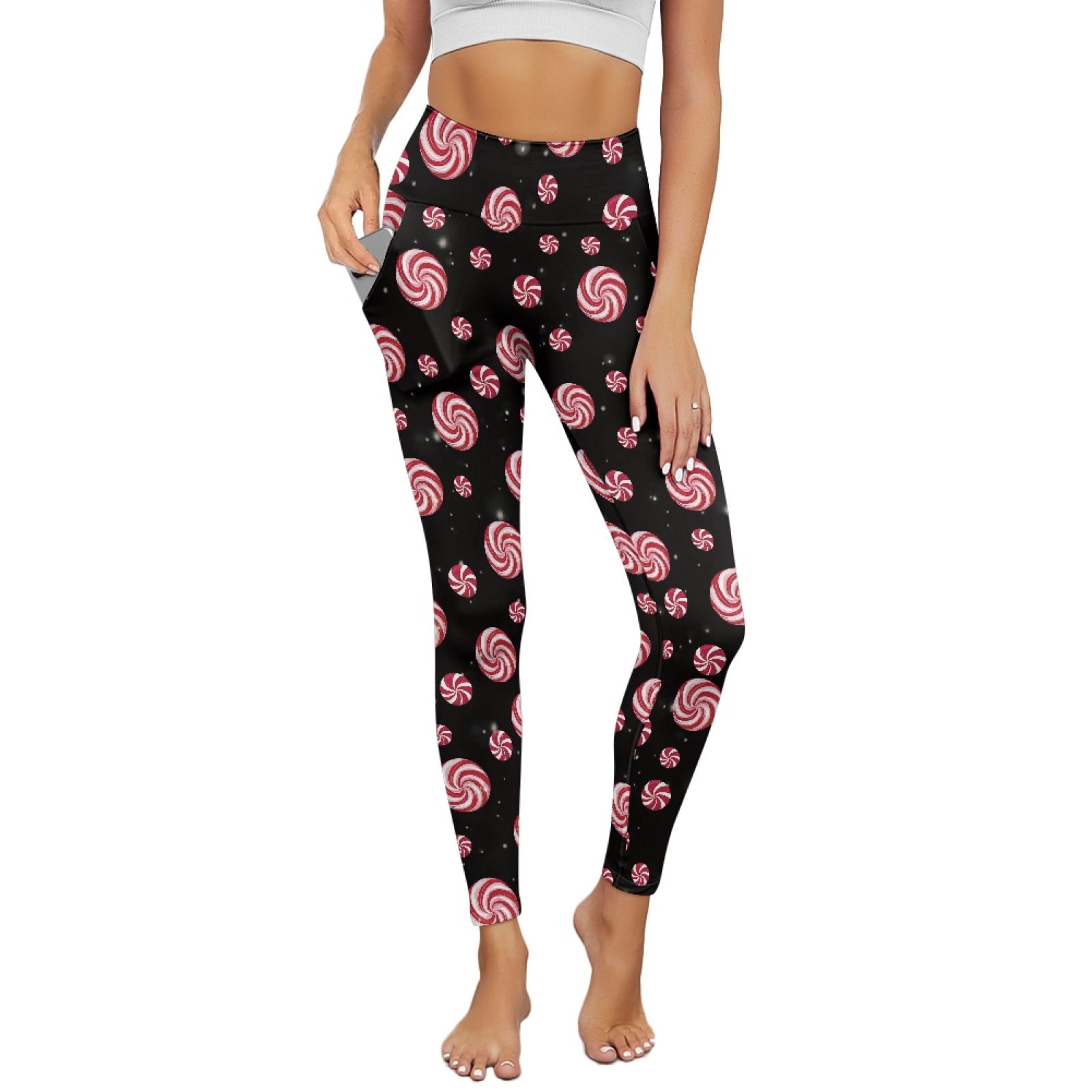 Renewold Christmas Candy Black Yoga Pants for Women with Pockets Full ...