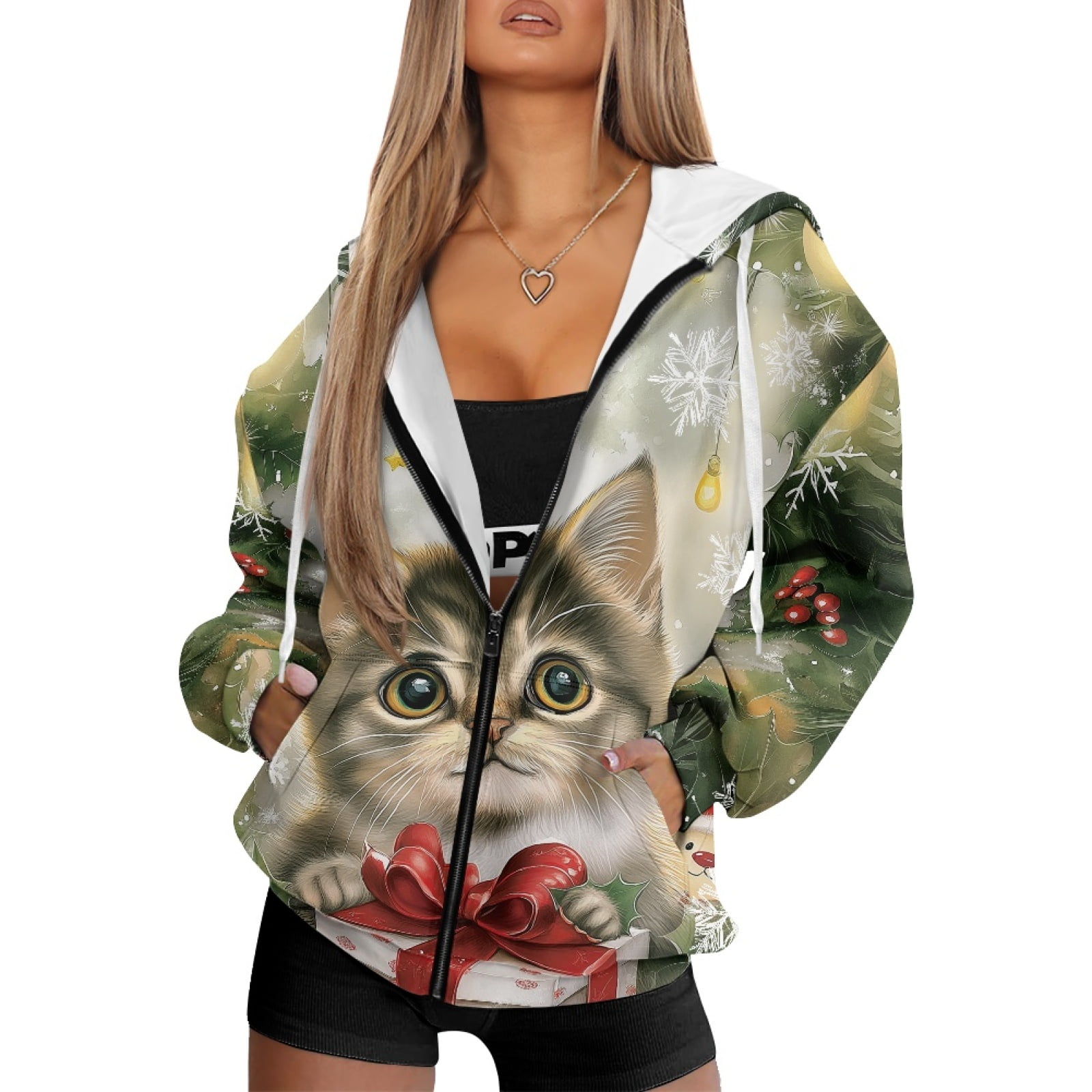 Renewold Christmas Cat Green Womens Hoodies Sweater Hooded Tops ...