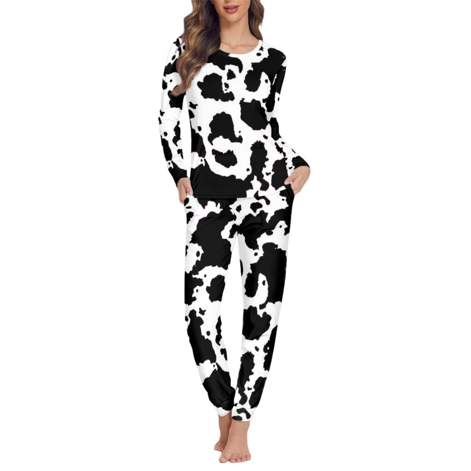 Renewold Cow Print Pajamas for Women Set Nightwear Warm Pjs,Size M ...