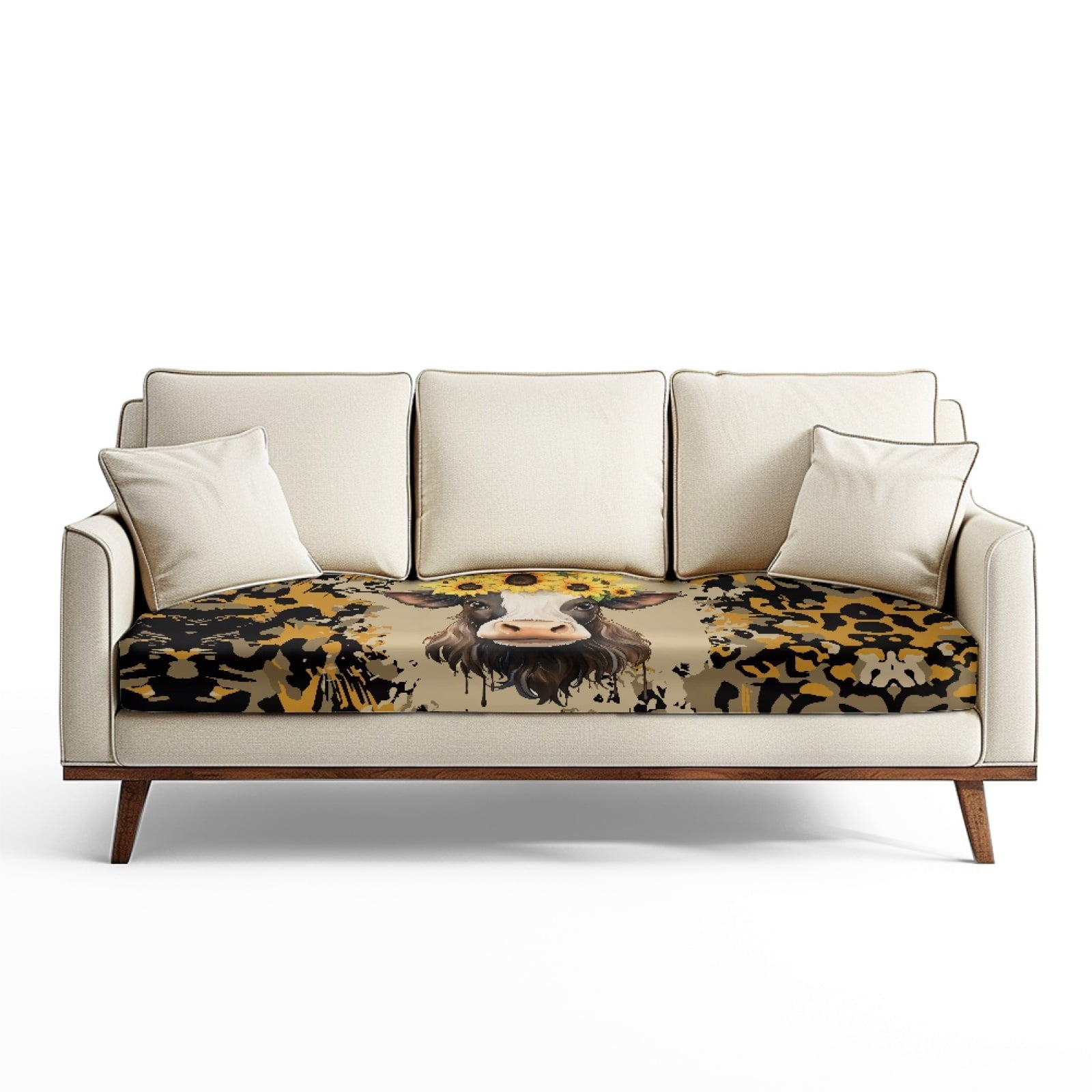 Renewold Cow Sunflower Leopard Print Brown Stretch Sofa Seat Cushion ...