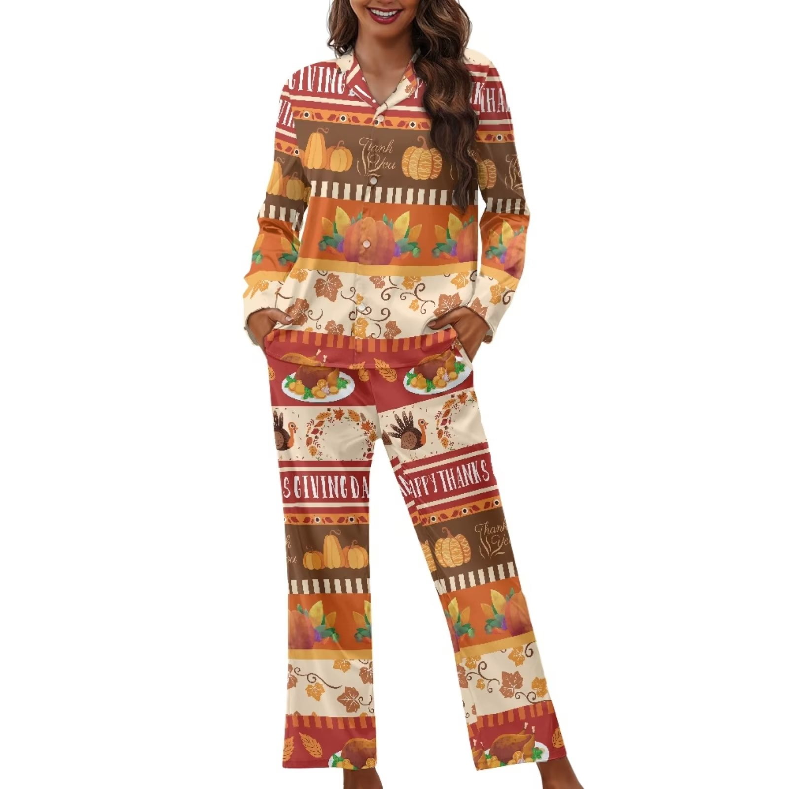 Renewold Cozy Long Sleeve Button Pajama Top Pants 2 Pieces Thanksgiving ...