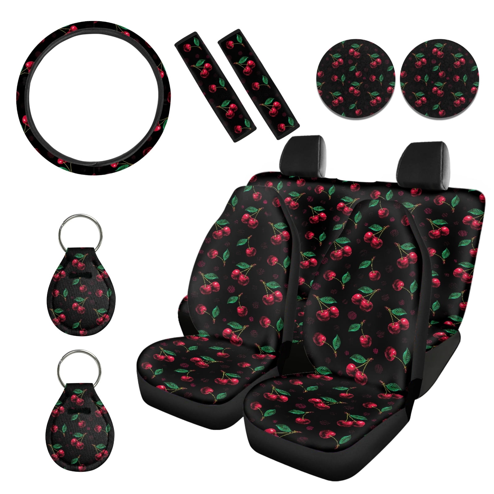 Renewold Cute Cherry Black Car Accessories Full Set, Universal Front ...