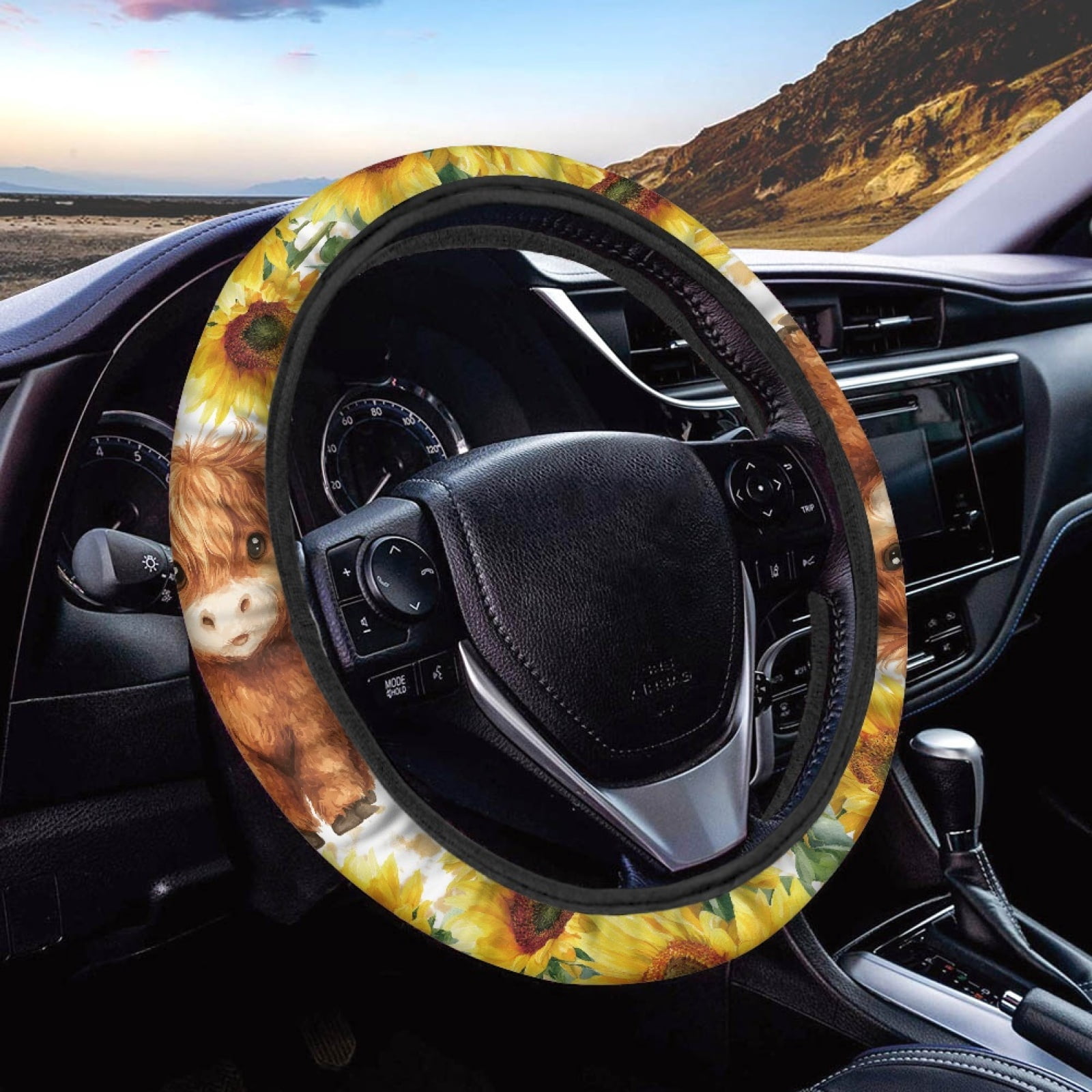 Renewold Cute Highland Cow Sunflower Car Steering Wheel Cover Universal ...