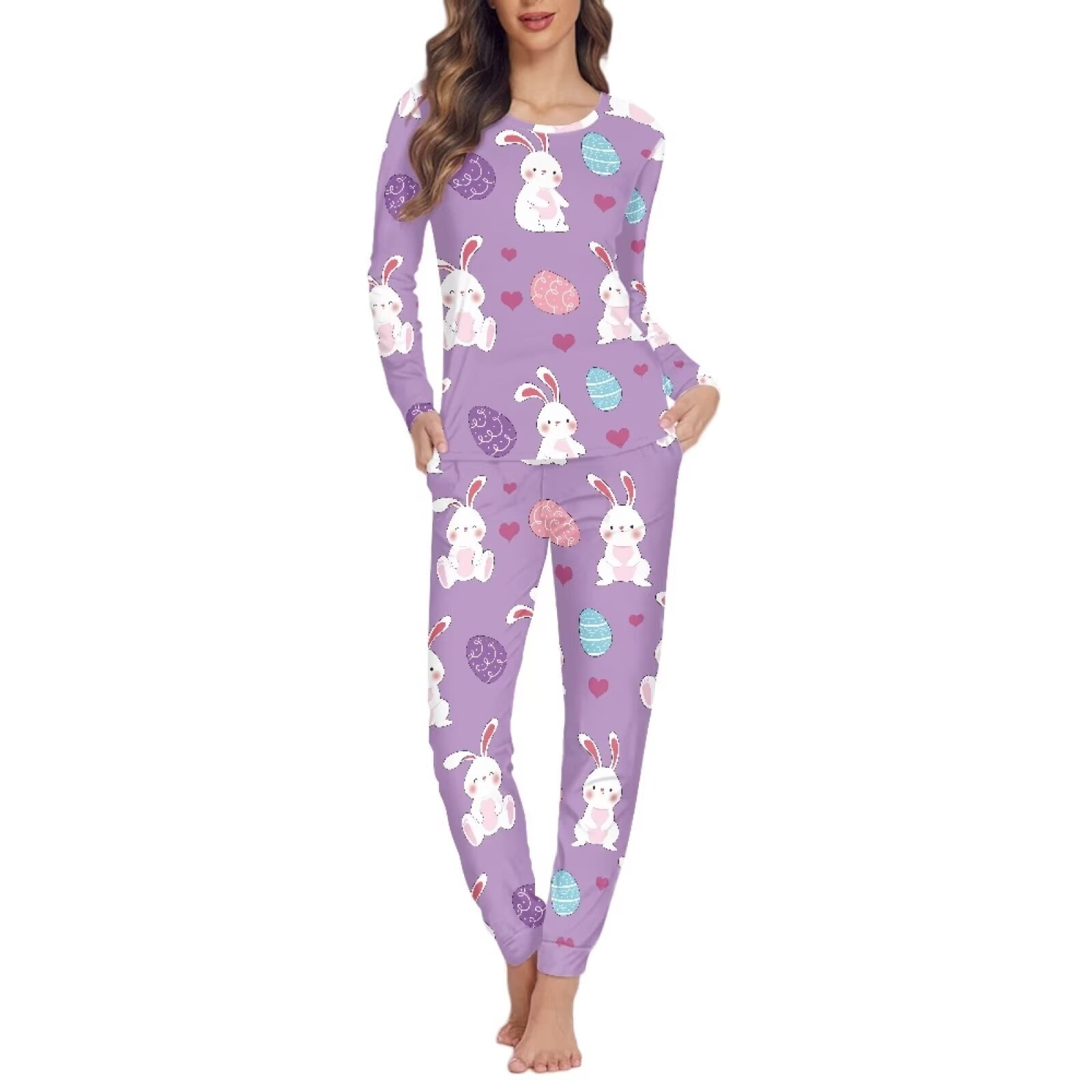 Renewold Cute Rabbit Women Pajamas Tops and Pants Easter Egg Long ...