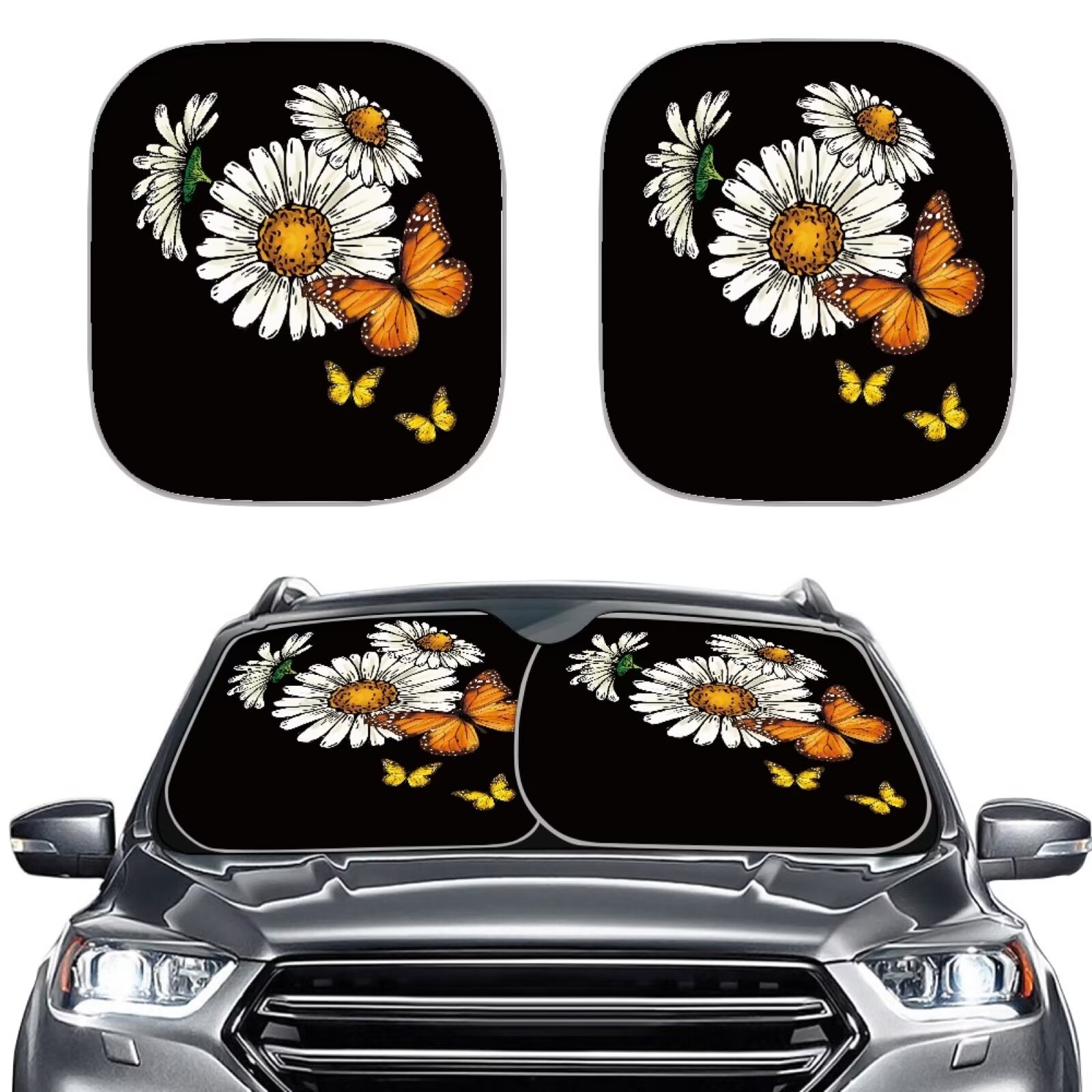 Renewold Daisy Butterfly Car Sunshade Decoration 2 Pieces Car ...