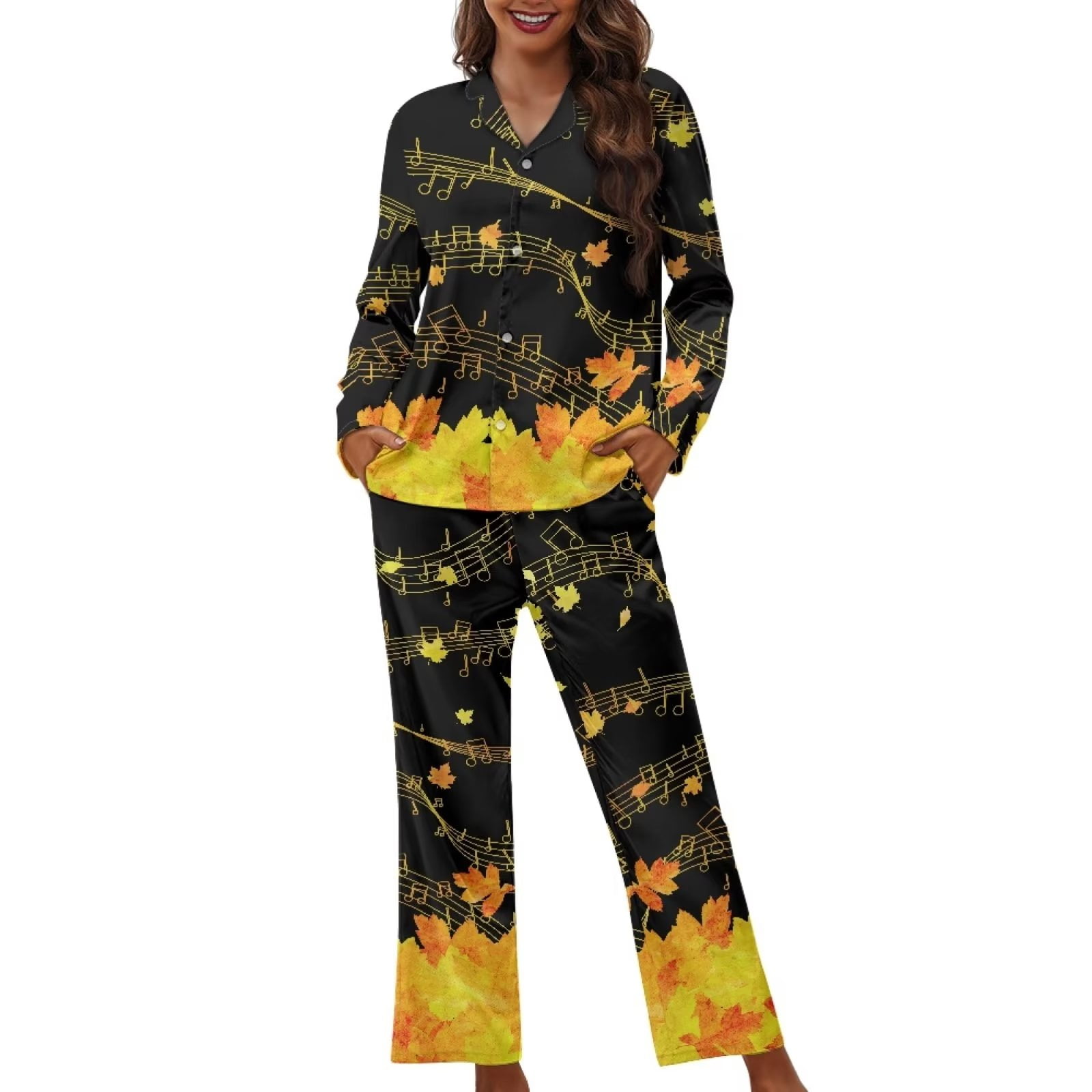 Renewold Fall Pajamas Button Pj for Women Music Notes Maple Leaves ...