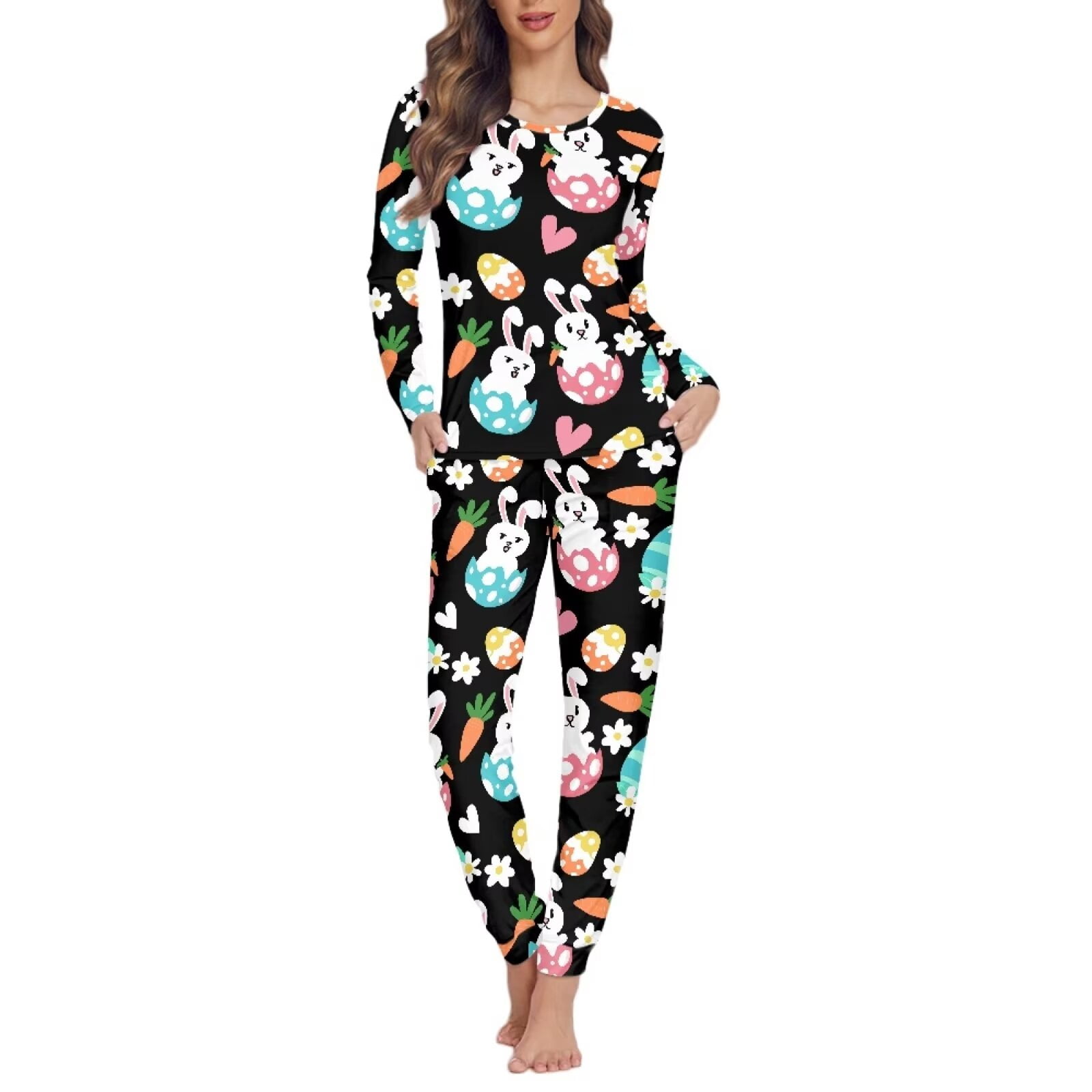 Renewold Flower Rabbit Women's Pajama Set Easter Long Sleeve Scoop Neck ...