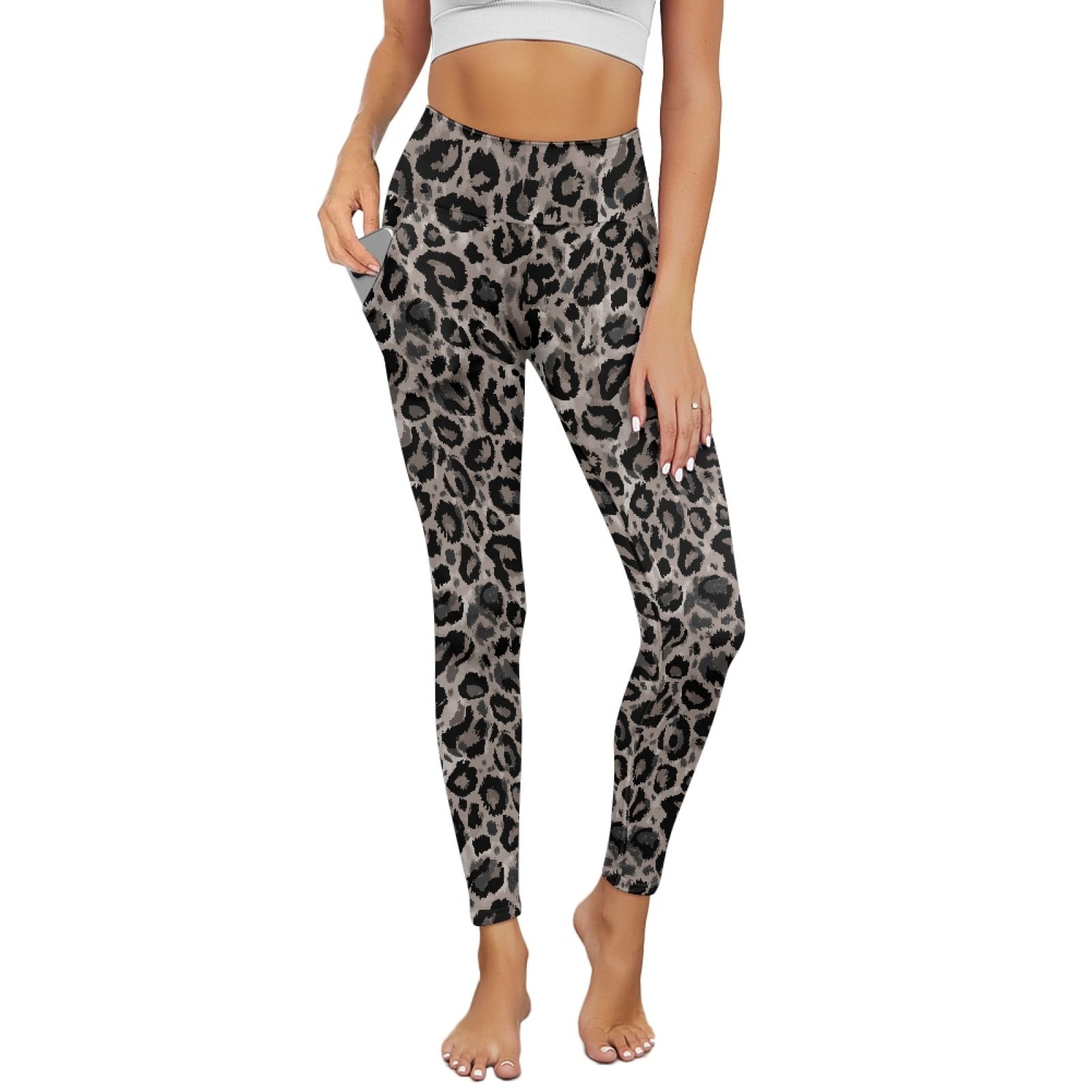 Renewold Grey Leopard Print Yoga Pants with Pockets for Women High ...