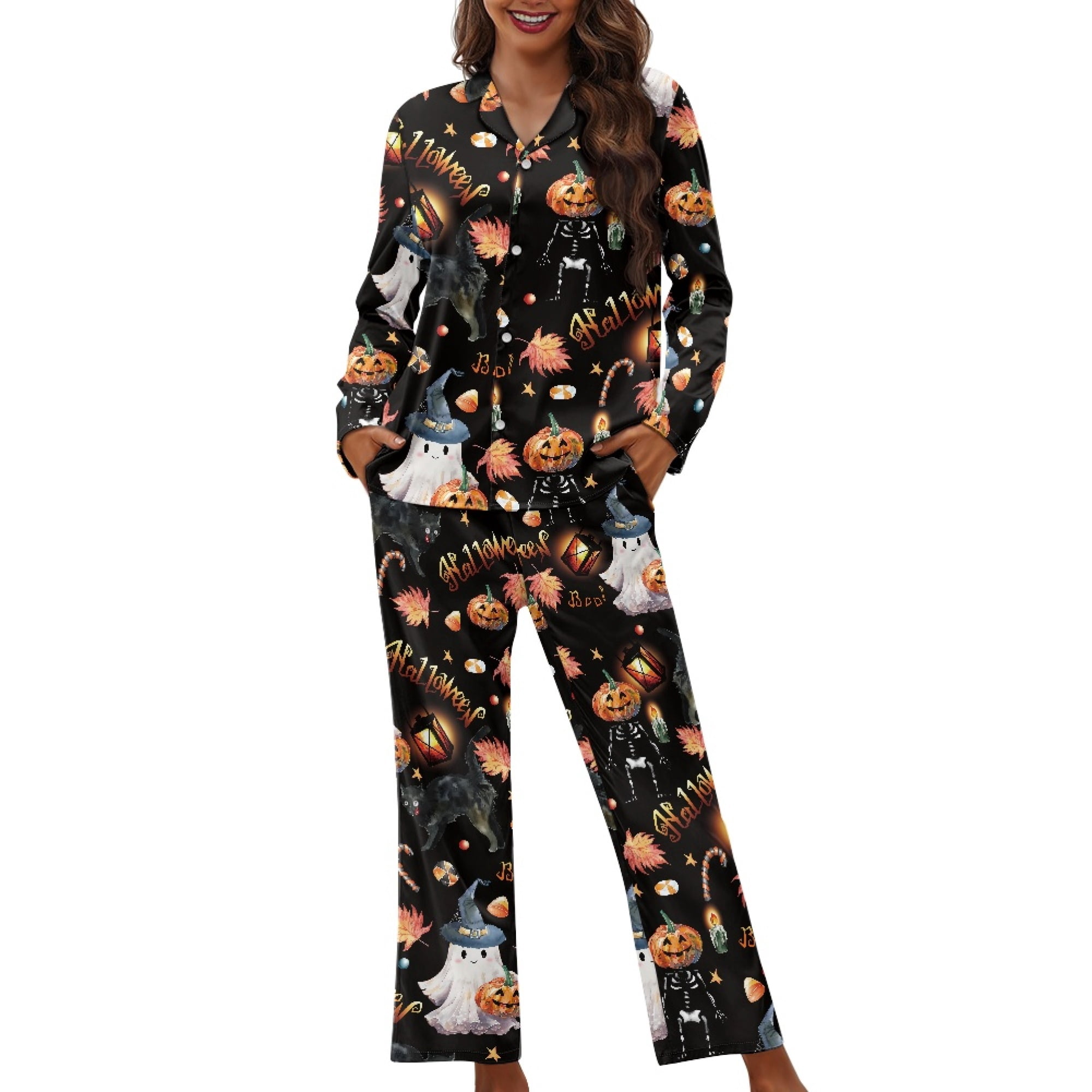 Renewold Halloween Womens Pajama Set of 2 Button Down Nightwear Ghost ...