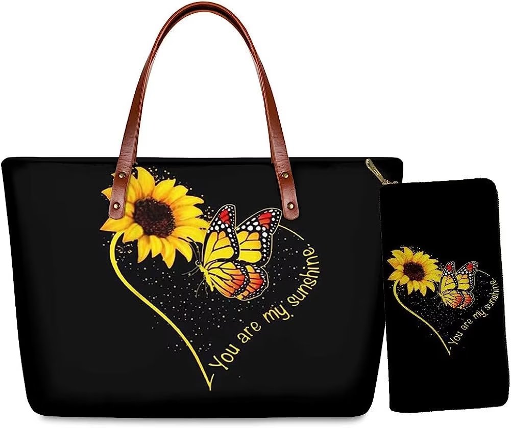 Renewold Handbag and wallet Set Butterfty Sunfltower Black Tote Purse ...