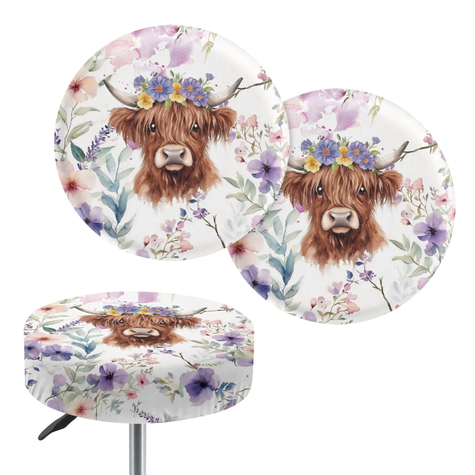 Renewold Highland Cow Floral Violet Round Stool Covers Washable Stretch ...
