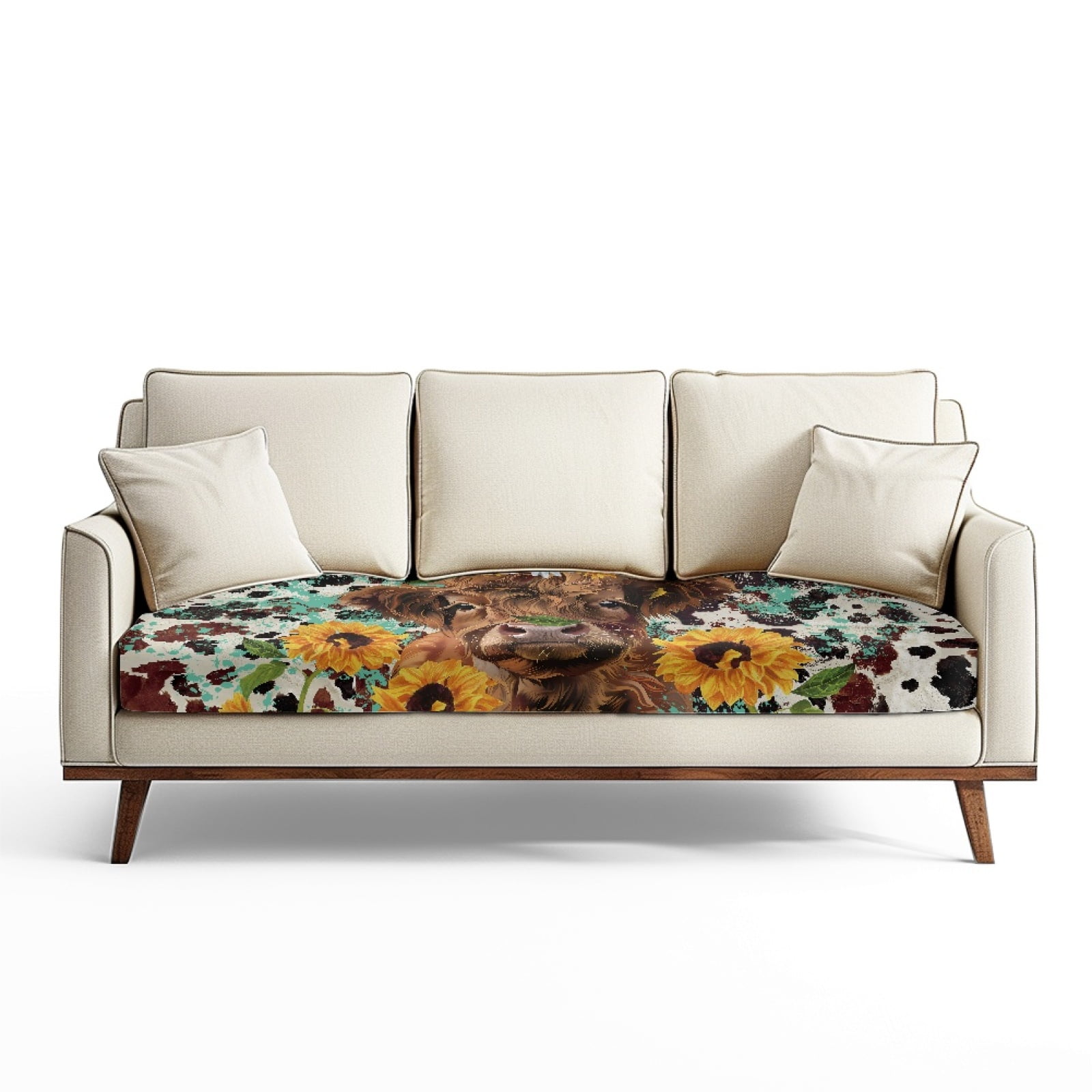 Renewold Highland Cow Sunflower Cow Print Stretch Sofa Seat Cushion ...