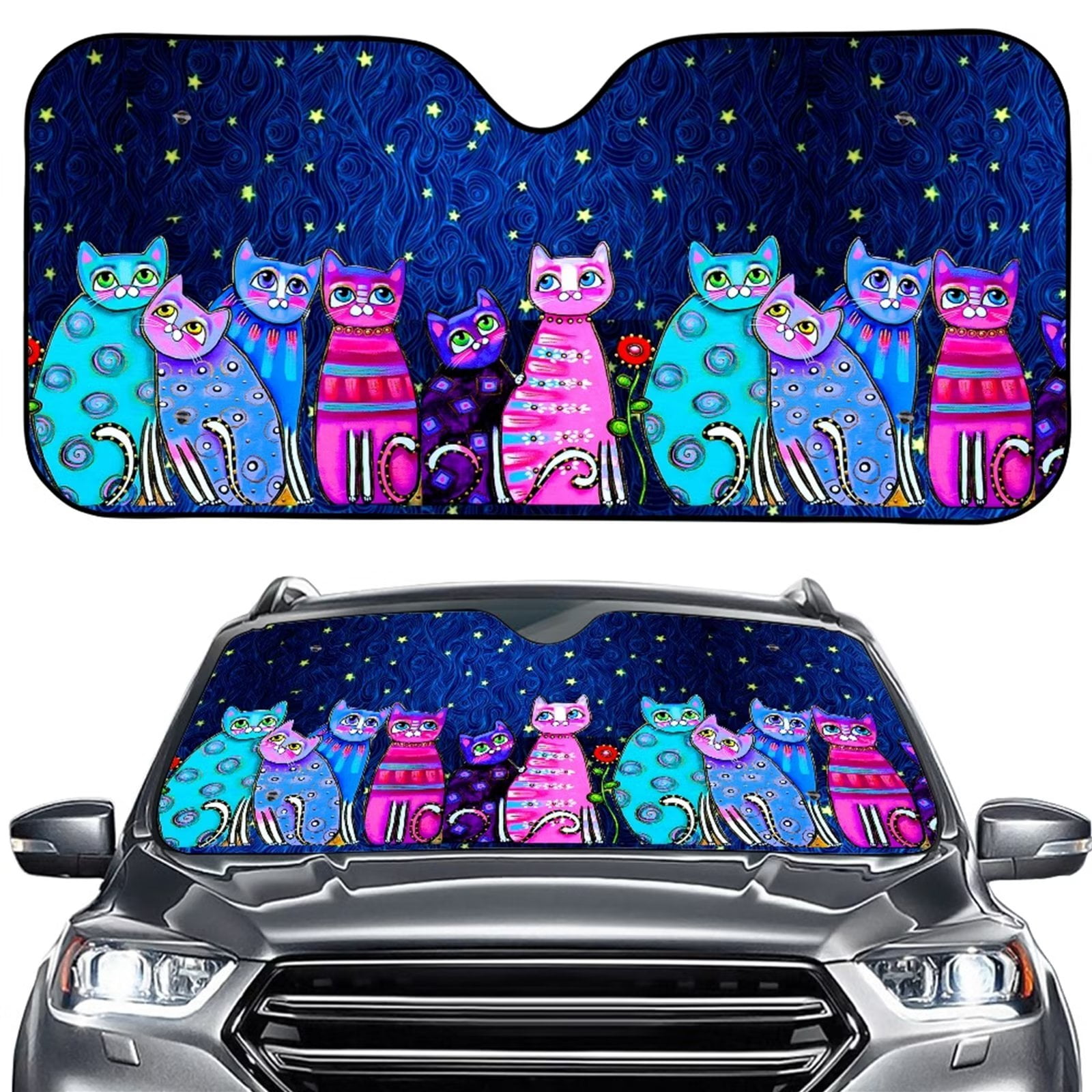 Renewold Hippy Cat Star Car Sun Shade Windshield Car Accessories ...