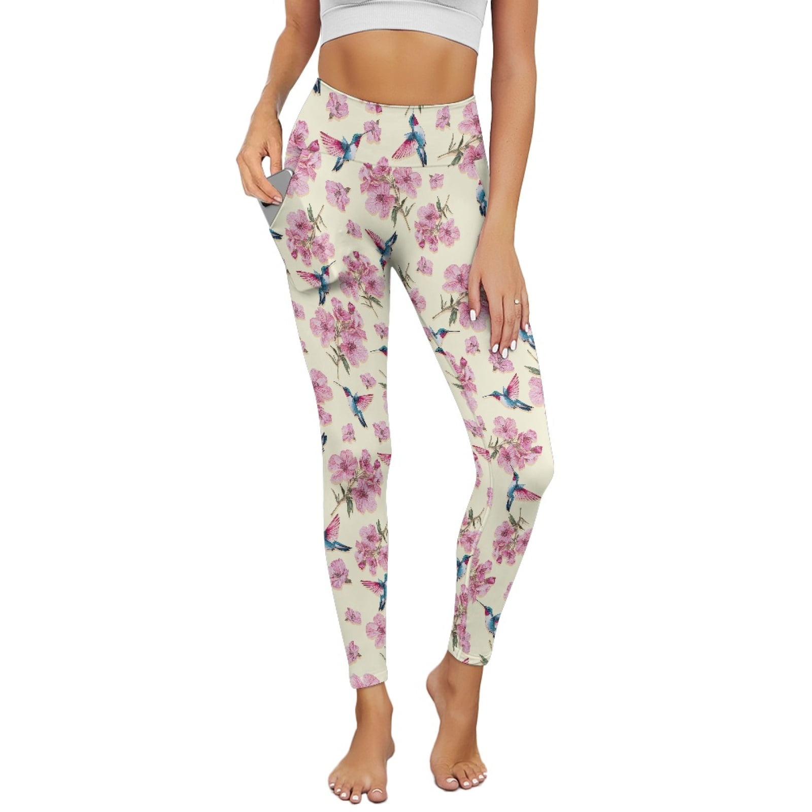 Renewold Hummingbird Flower Pink Leggings for Women with Pockets ...