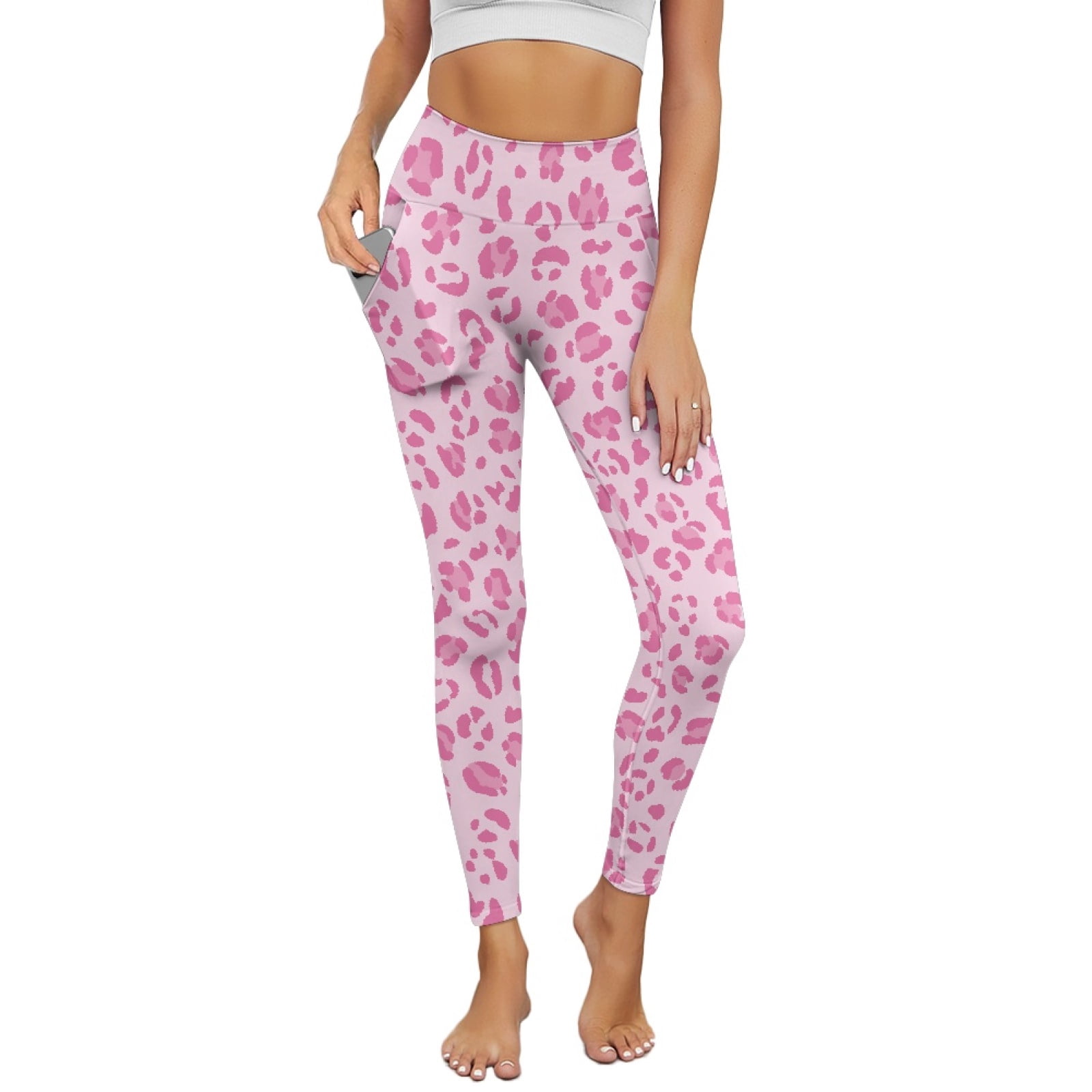 Renewold Light Pink Leopard Print Leggings for Women with Pockets ...