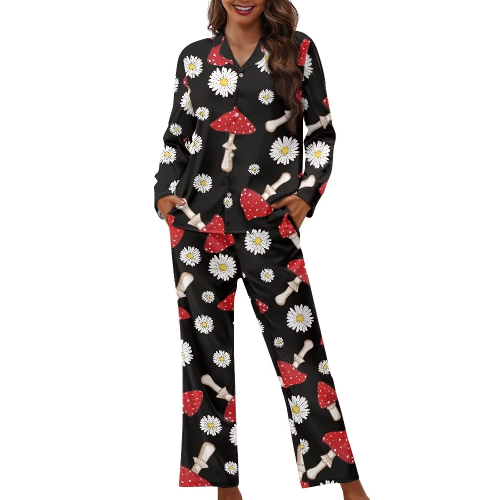 Renewold Lightweight Button Down Pajamas Sets Mshroom Daisy Scoop Neck ...