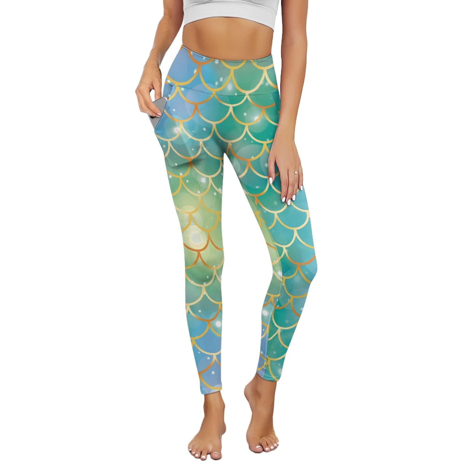 Renewold Mermaid Scales Green Gold Womens Yoga Pants with Pockets High ...