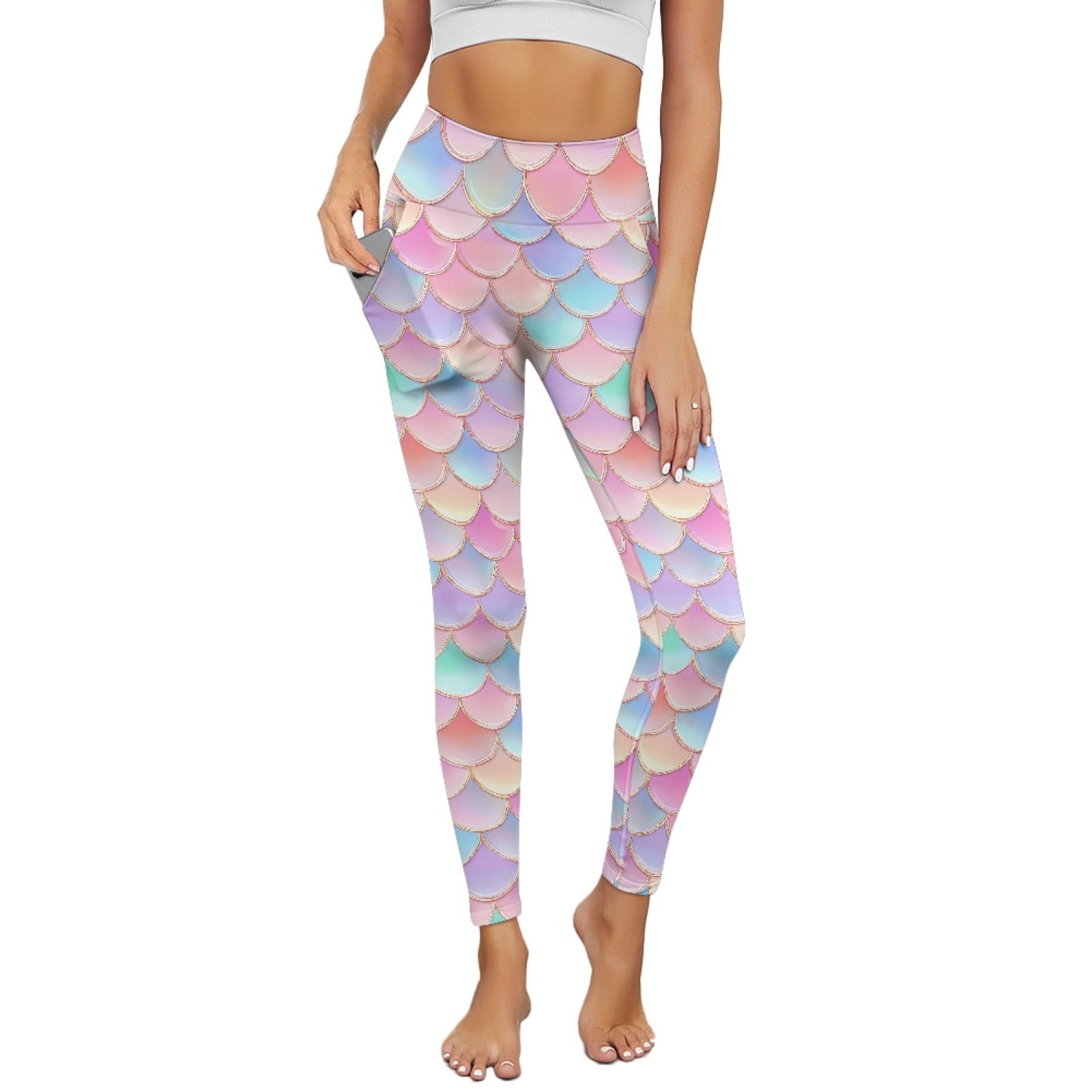 Renewold Mermaid Scales Pink Leggings for Women with Pockets Running ...