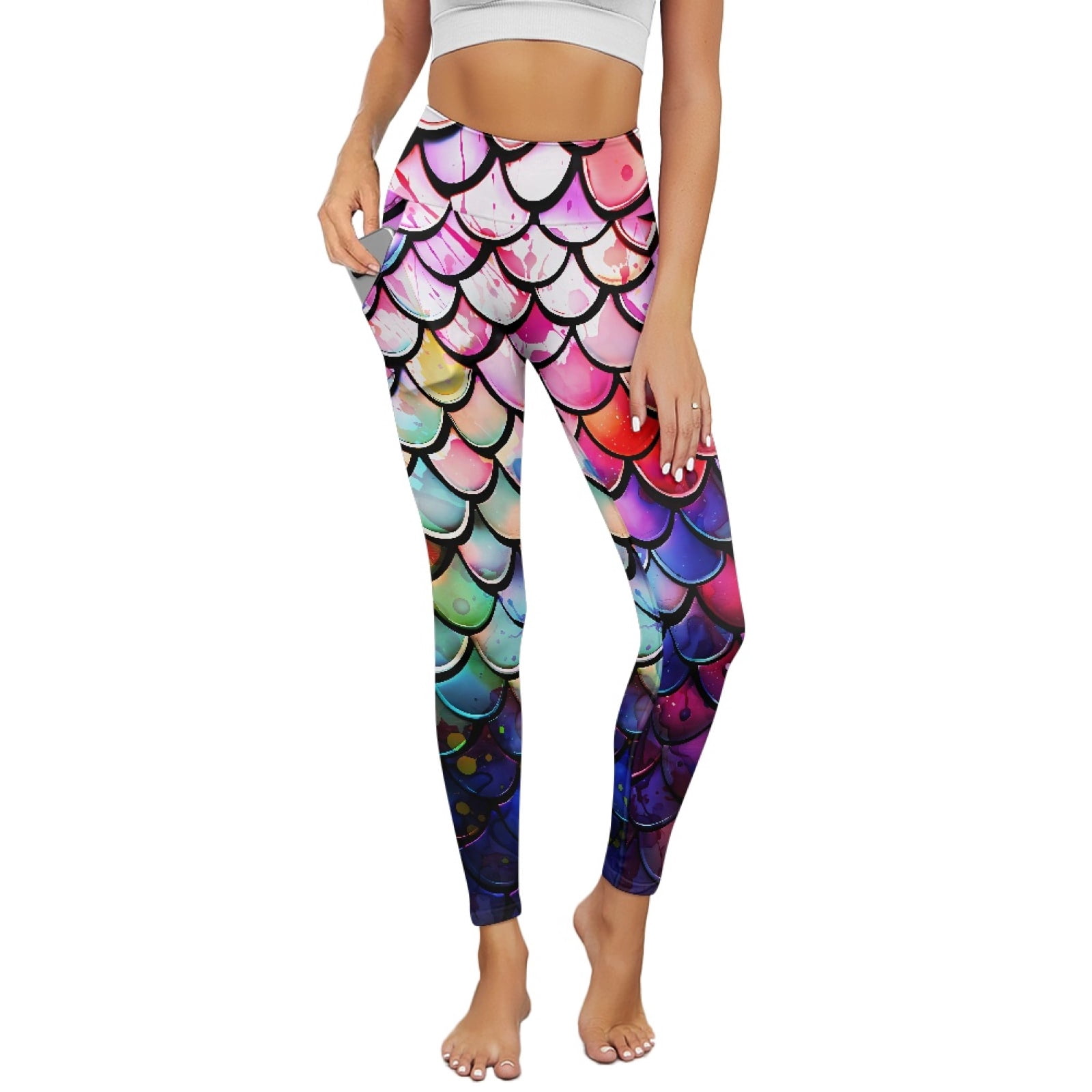 Renewold Mermaid Scales Pink Splash Leggings for Women with Pockets ...