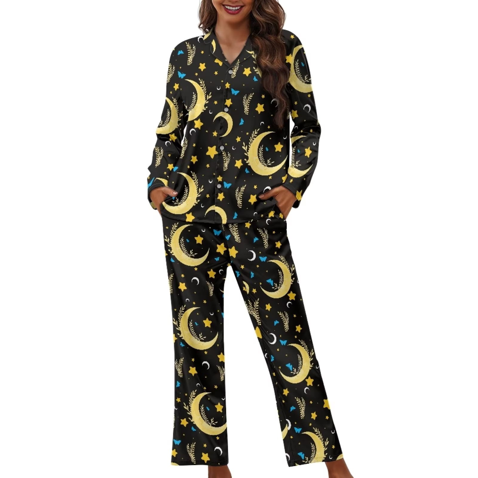 Renewold Moon Stars Pajama Pants Set Multi-Season Comfort Sleepwear Women 2 Pieces Scoop Neck ...
