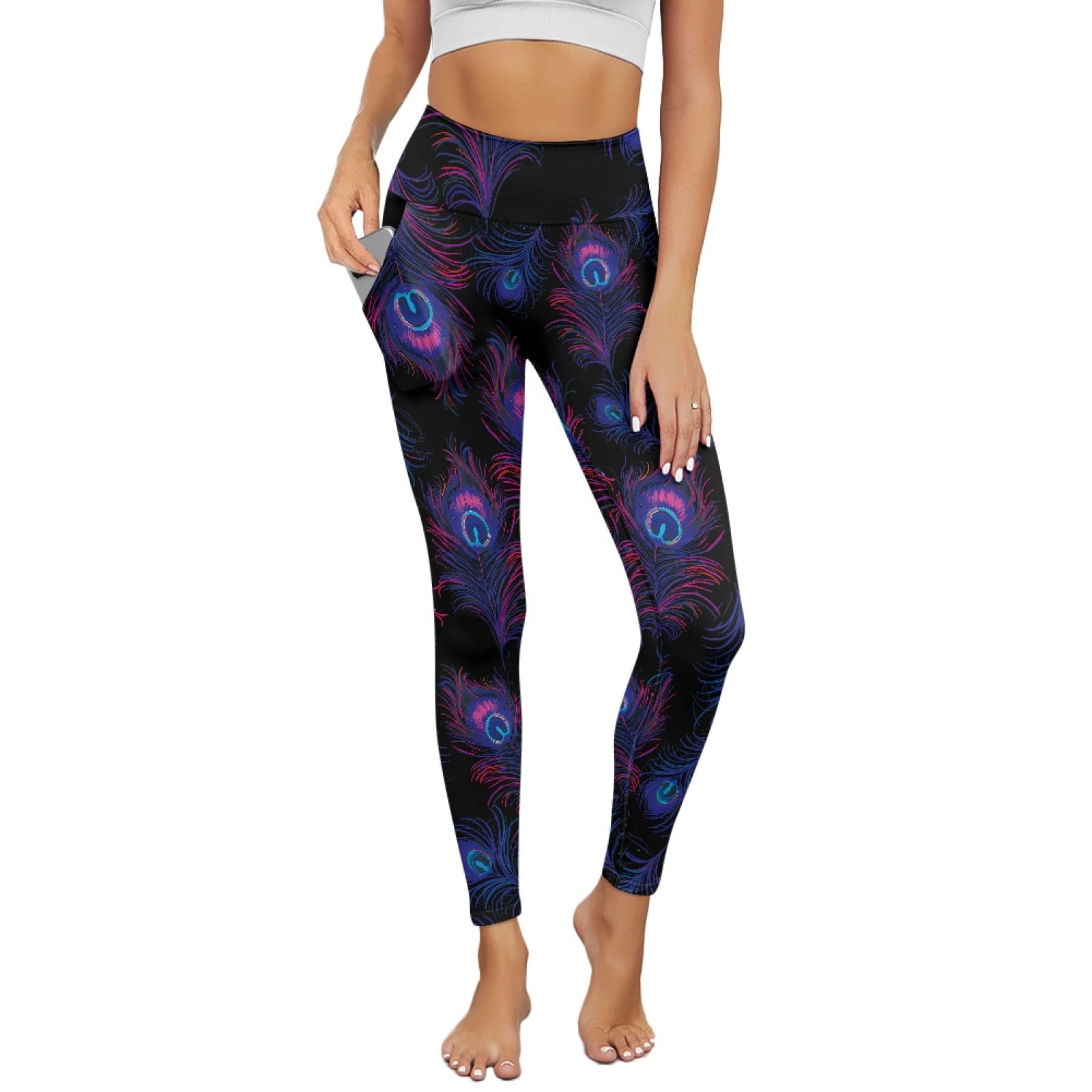 Renewold Peacock Feather Leggings for Women with Pockets Running Pants ...