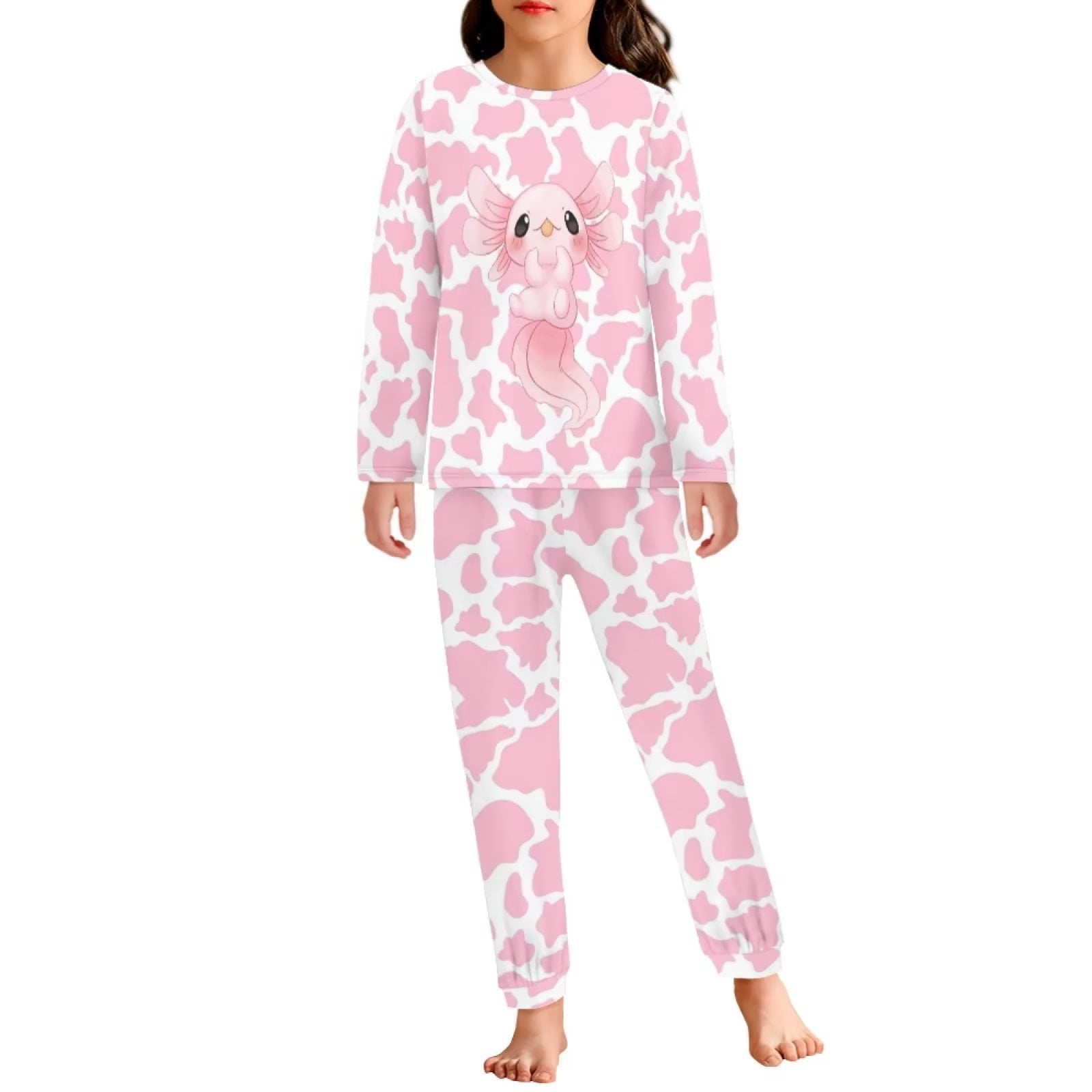 Renewold Pink Cow Print Axolotl Pajama for 3-4T Girls Home Life Down ...