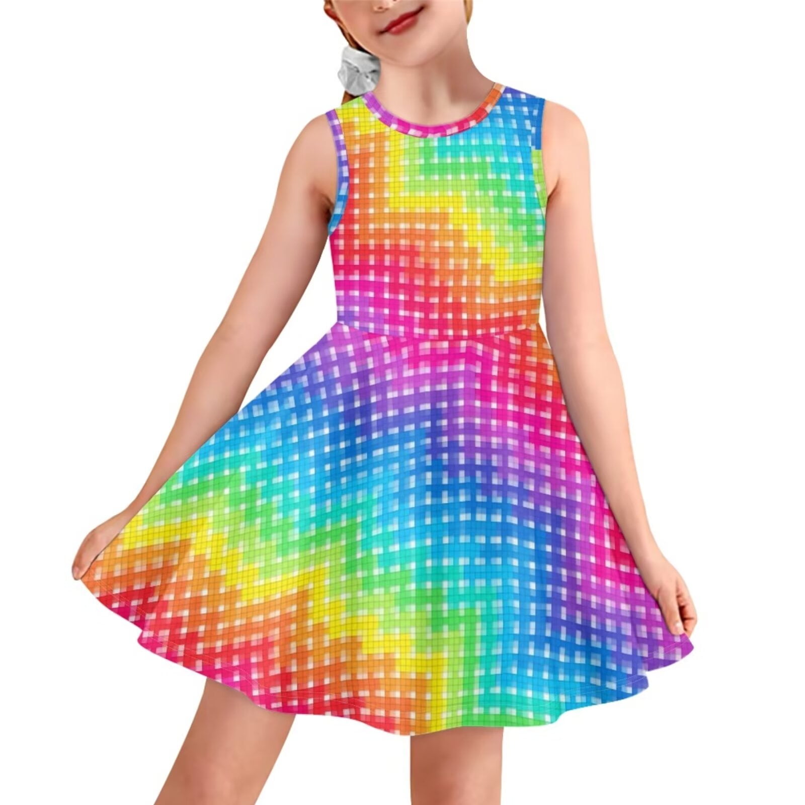 Renewold Rainbow Grid A Line Tank Dress for Kids Girls Crewneck Skater ...