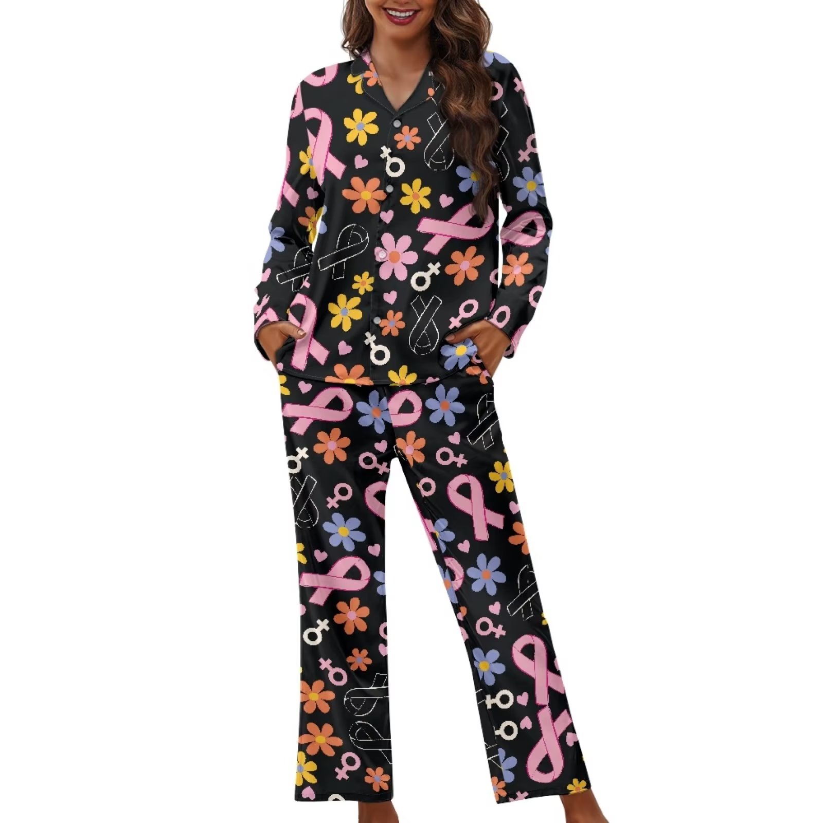 Renewold Relaxed Home Life Button Down Pajamas for Women Pink Ribbon ...