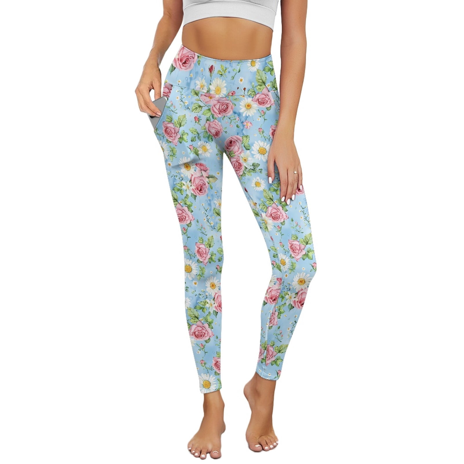 Renewold Rose Daisy Blue Leggings for Women with Pockets Running Pants ...