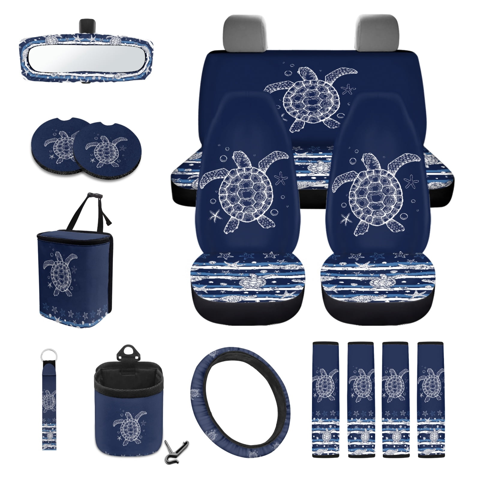 Renewold Sea Turtle Starfish Navy Blue 15 PCS Car Seat Cover Set with ...