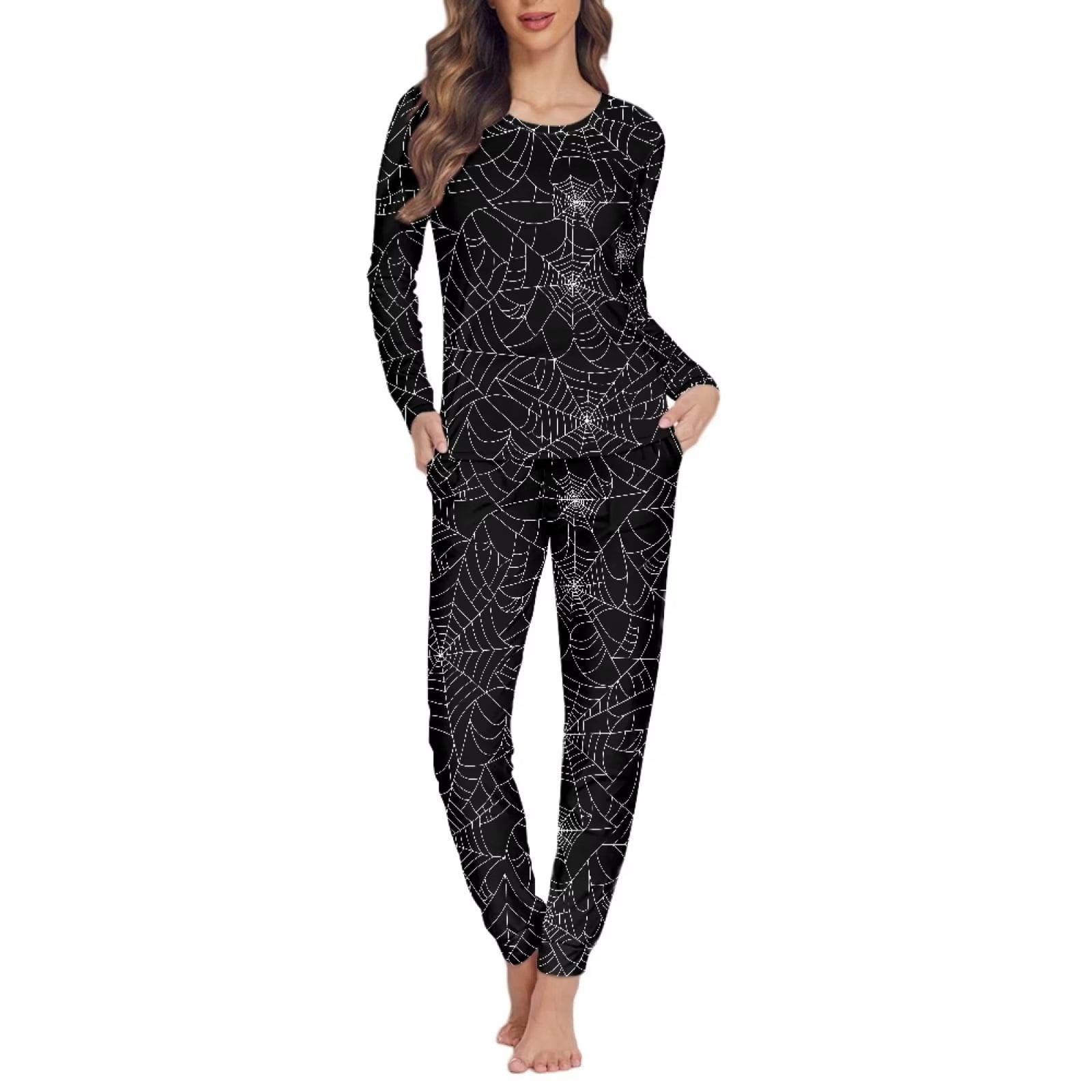 Renewold Spider Web Graphic Pajama Set 2 Pieces Ladies Pj Halloween Sweatpants Top Soft Scoop ...